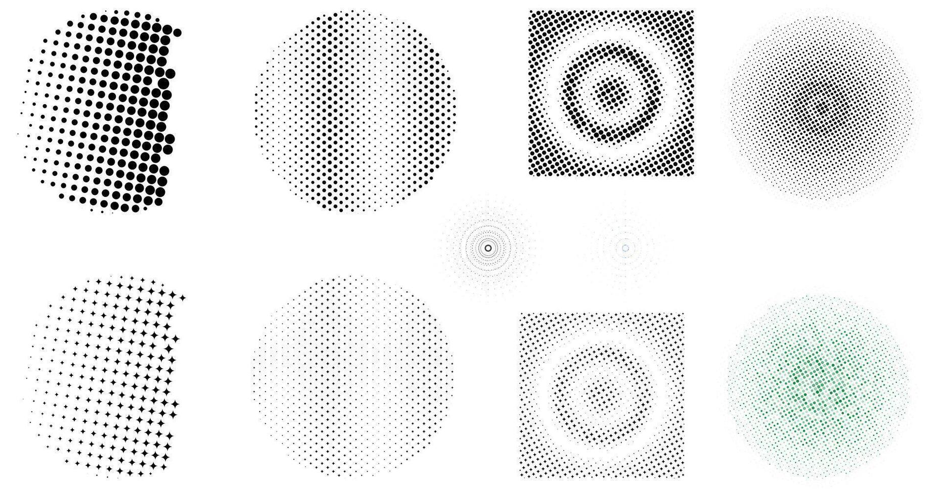 Realistic multiple halftones set on geometric background with dotted patterns, gradient textures ...