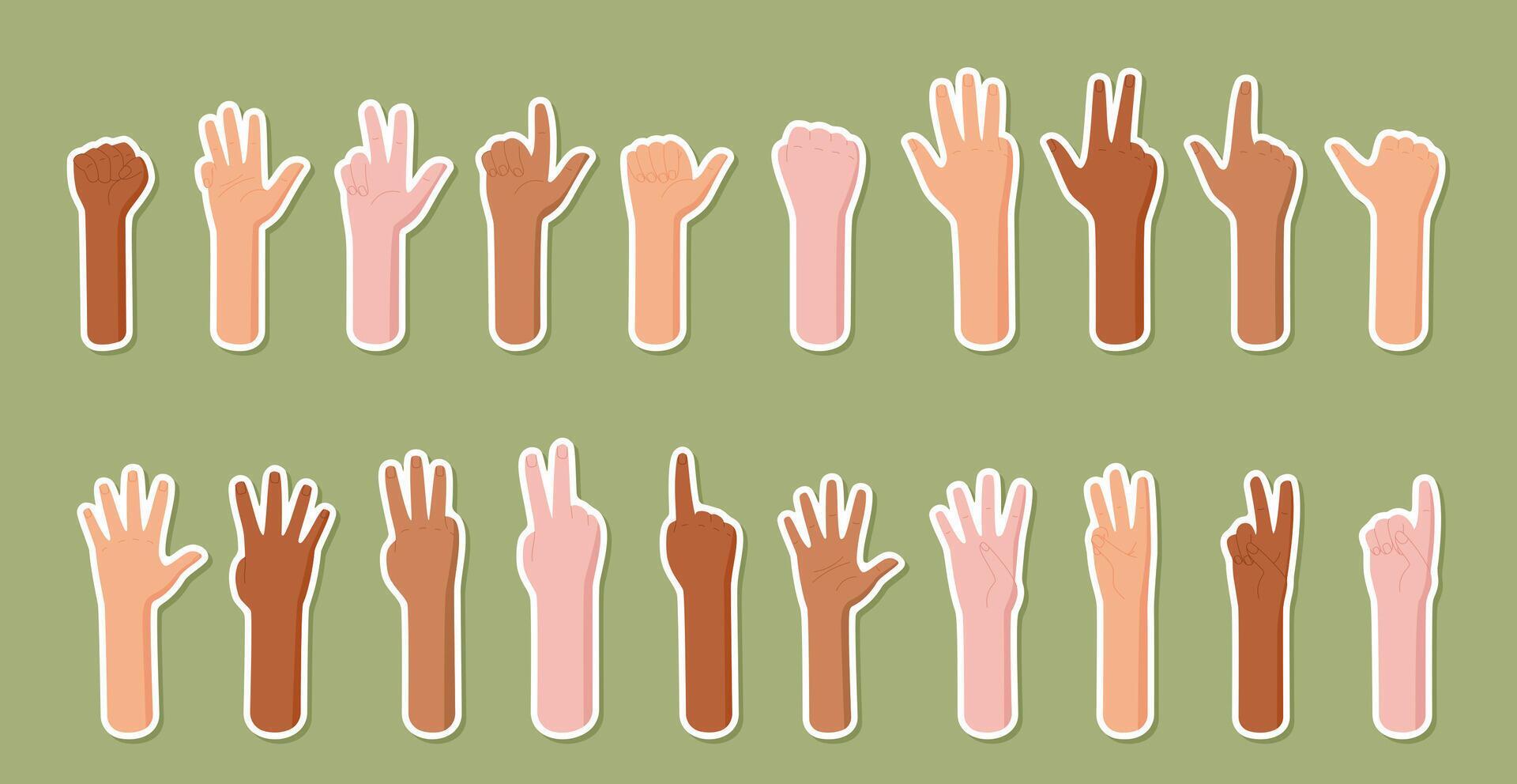 Cartoon sticker set with finger gestures and numbers. Human bare hands ...