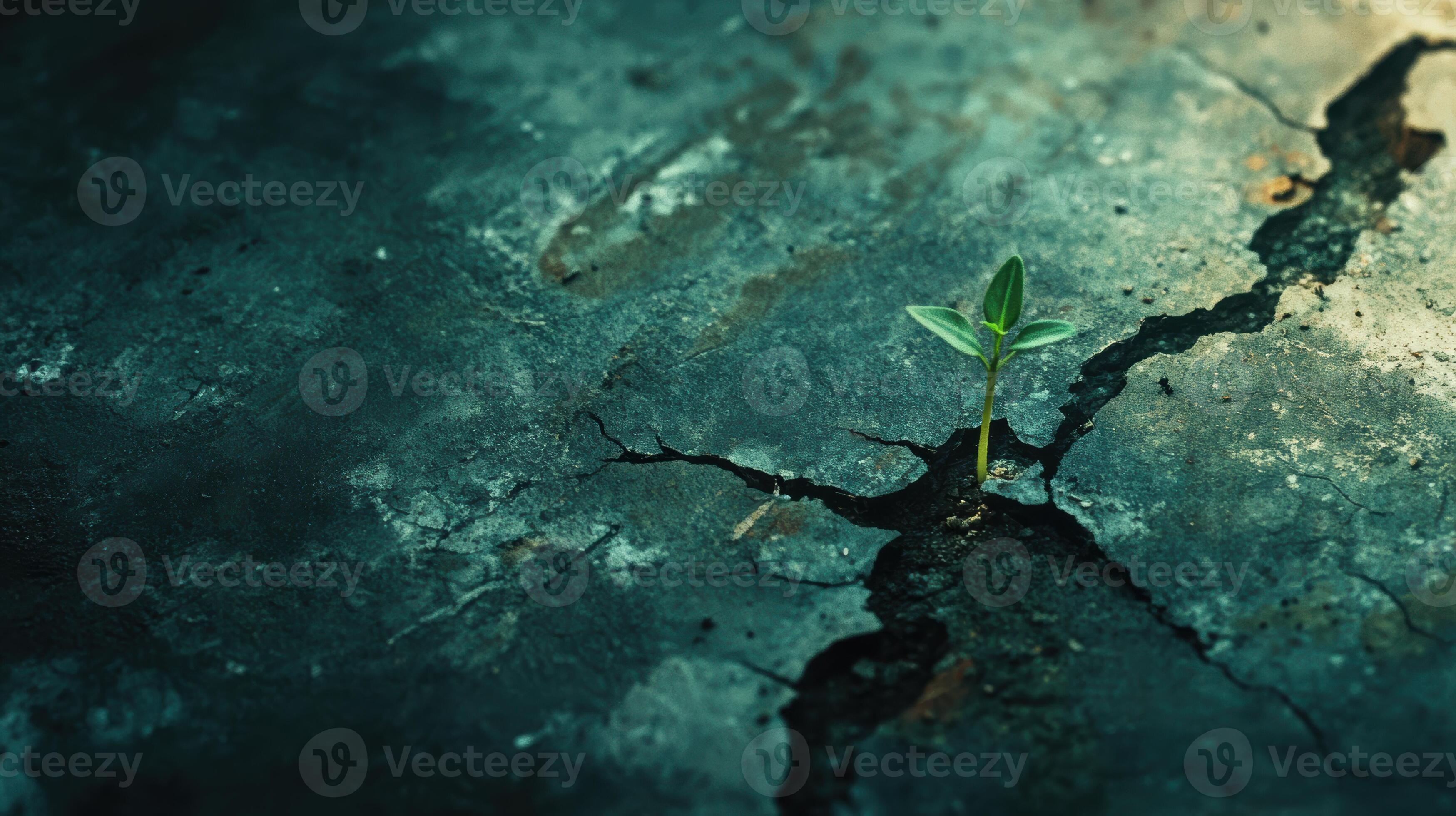 Resilience and growth, young plant emerging through cracked concrete ...