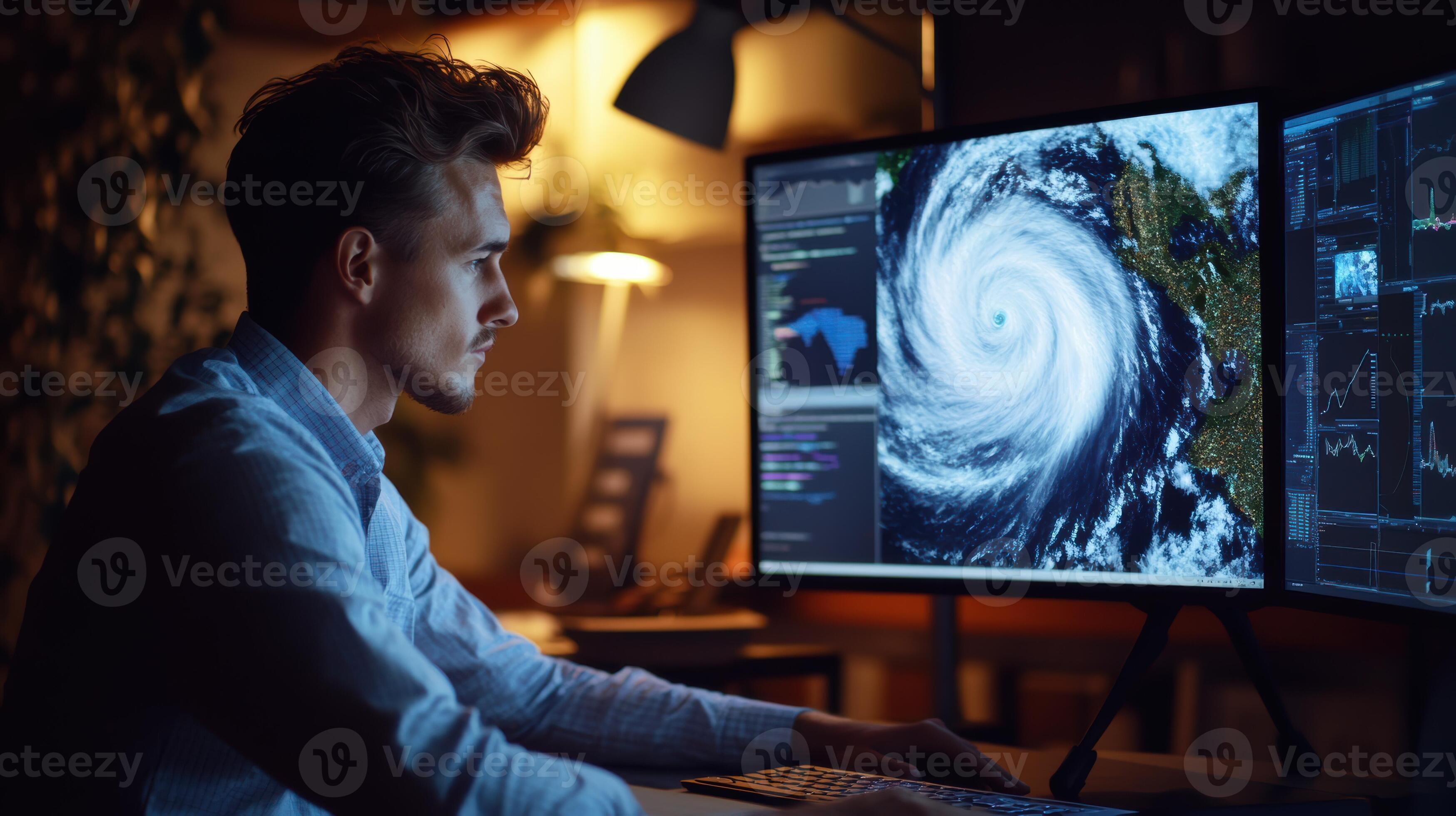 Young caucasian male analyzing hurricane data on dual monitors in a dimly lit office environment ...