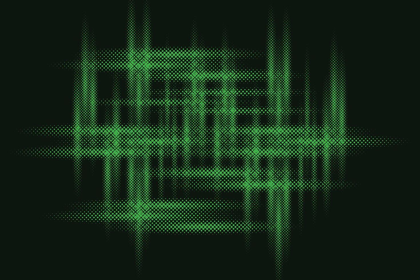 Digital abstract pattern of green dots forming dynamic waveform visualization on black ...