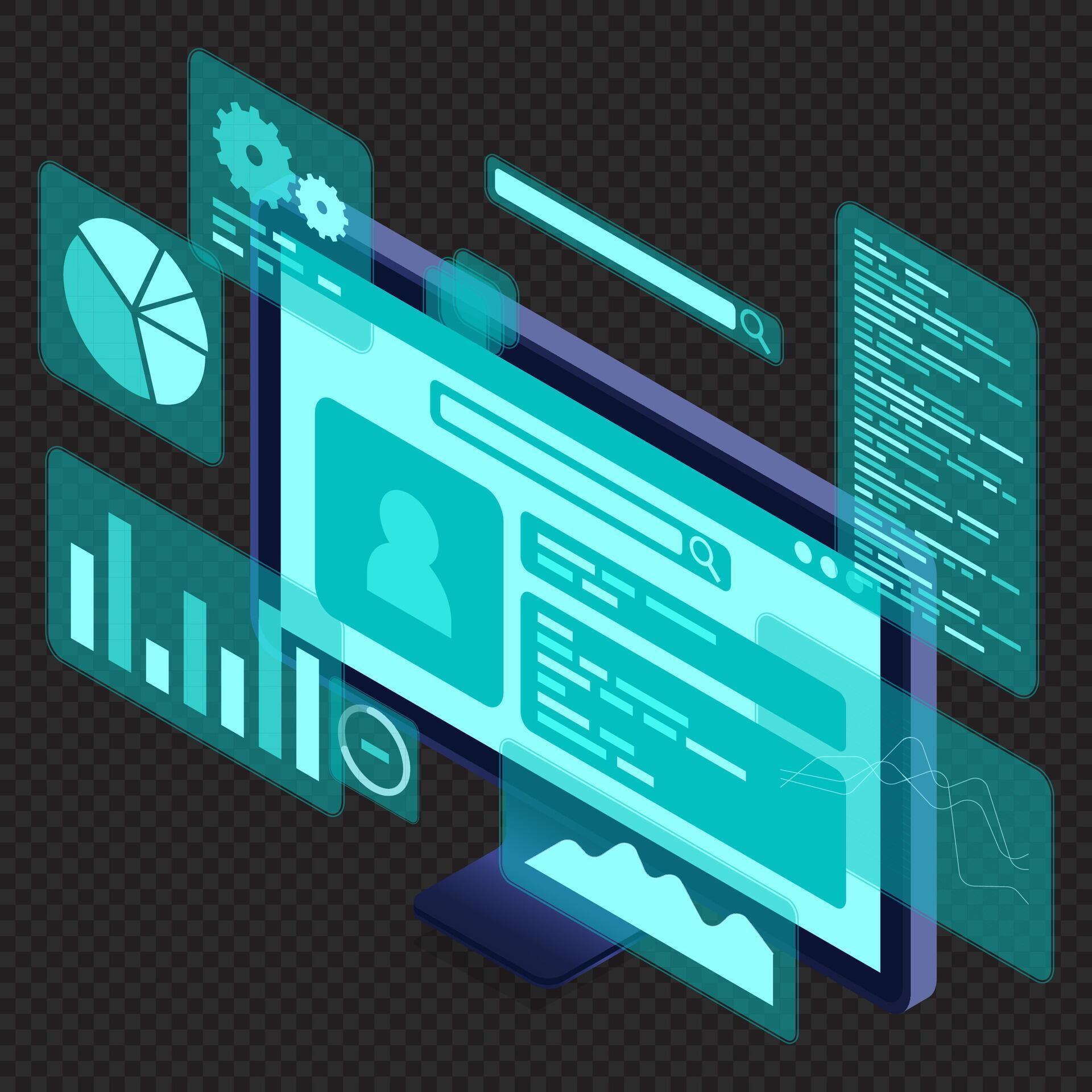 Computer monitor with blue virtual holographic projections with graphs ...
