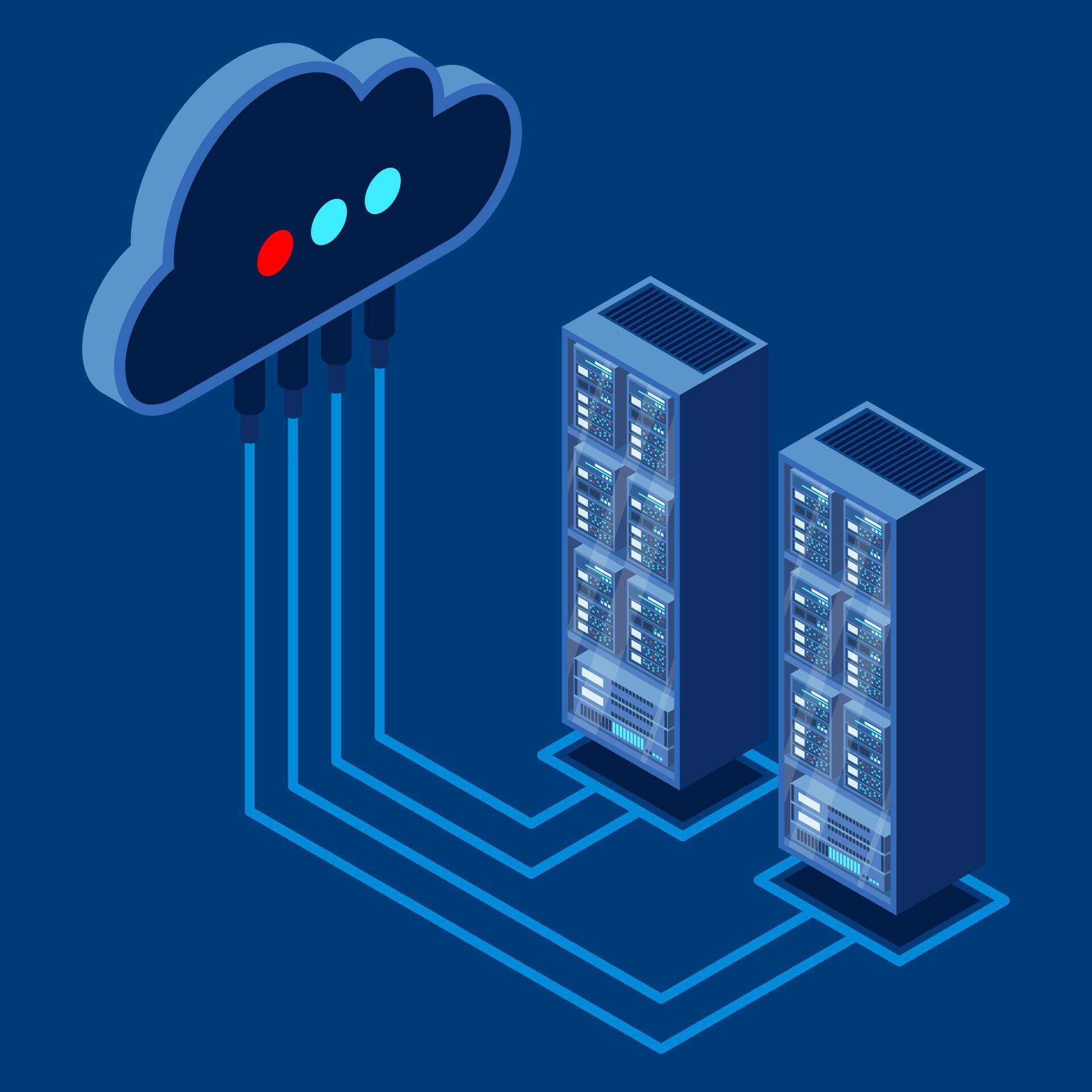 Cloud technology computing. Data center concept. Cloud storage. Server room isometric. Database ...