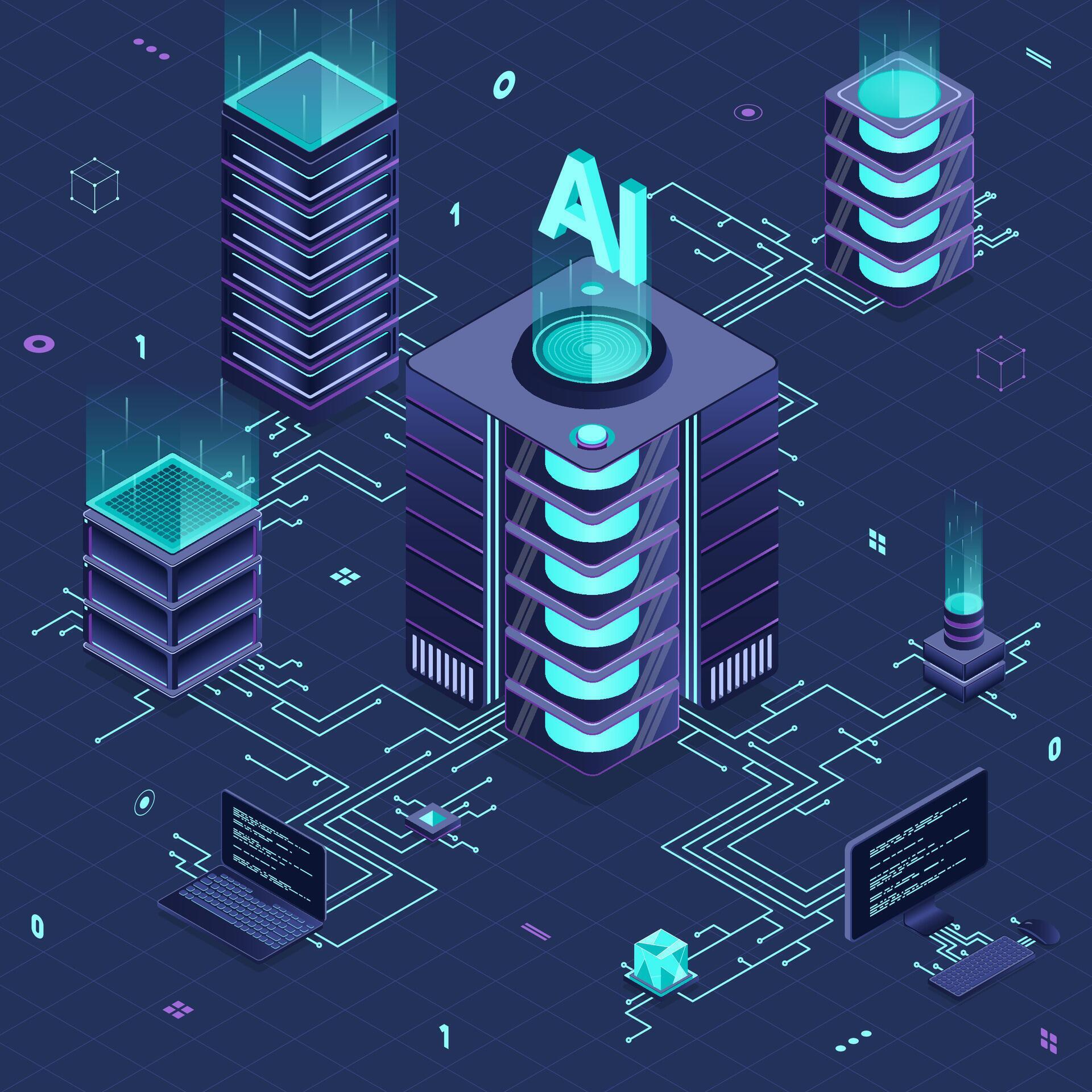 Isometric artificial intelligence technology. Isometric cloud computing concept. Artificial ...