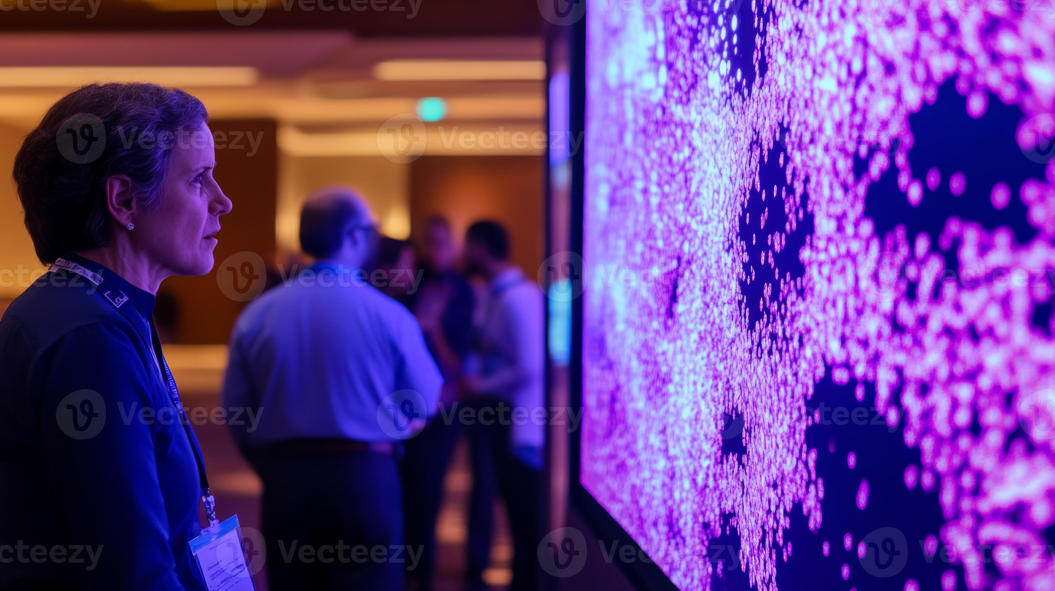 Scientist Looking At Large Screen Displaying Big Data Visualization