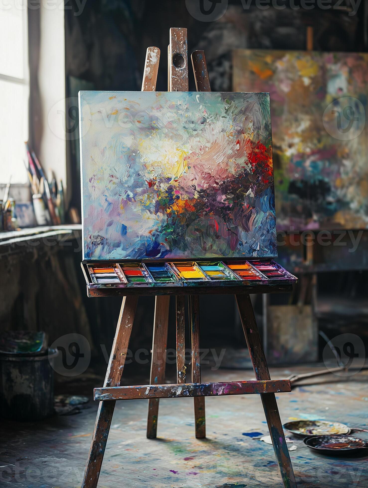 Vibrant brush set and color palette rest on easel ready for creation in an artist studio filled ...