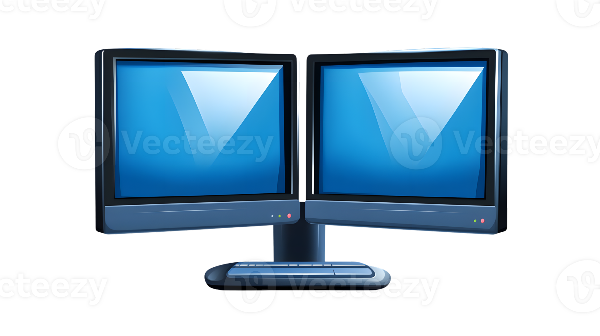 Dual Monitor Setup With Blue Screens And Keyboard For Modern Workspaces