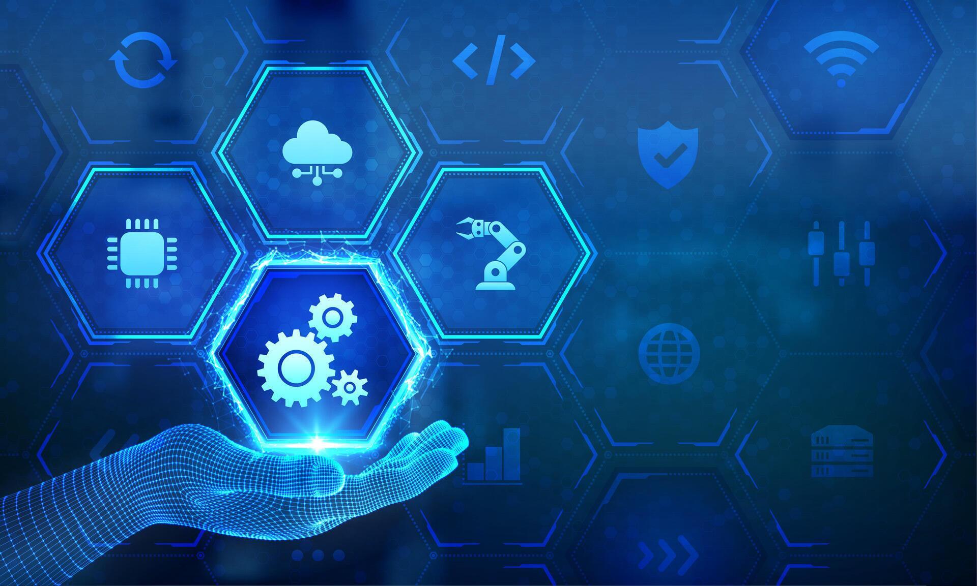 Robotic Process Automation software icon in wireframe hand. RPA. IOT ...