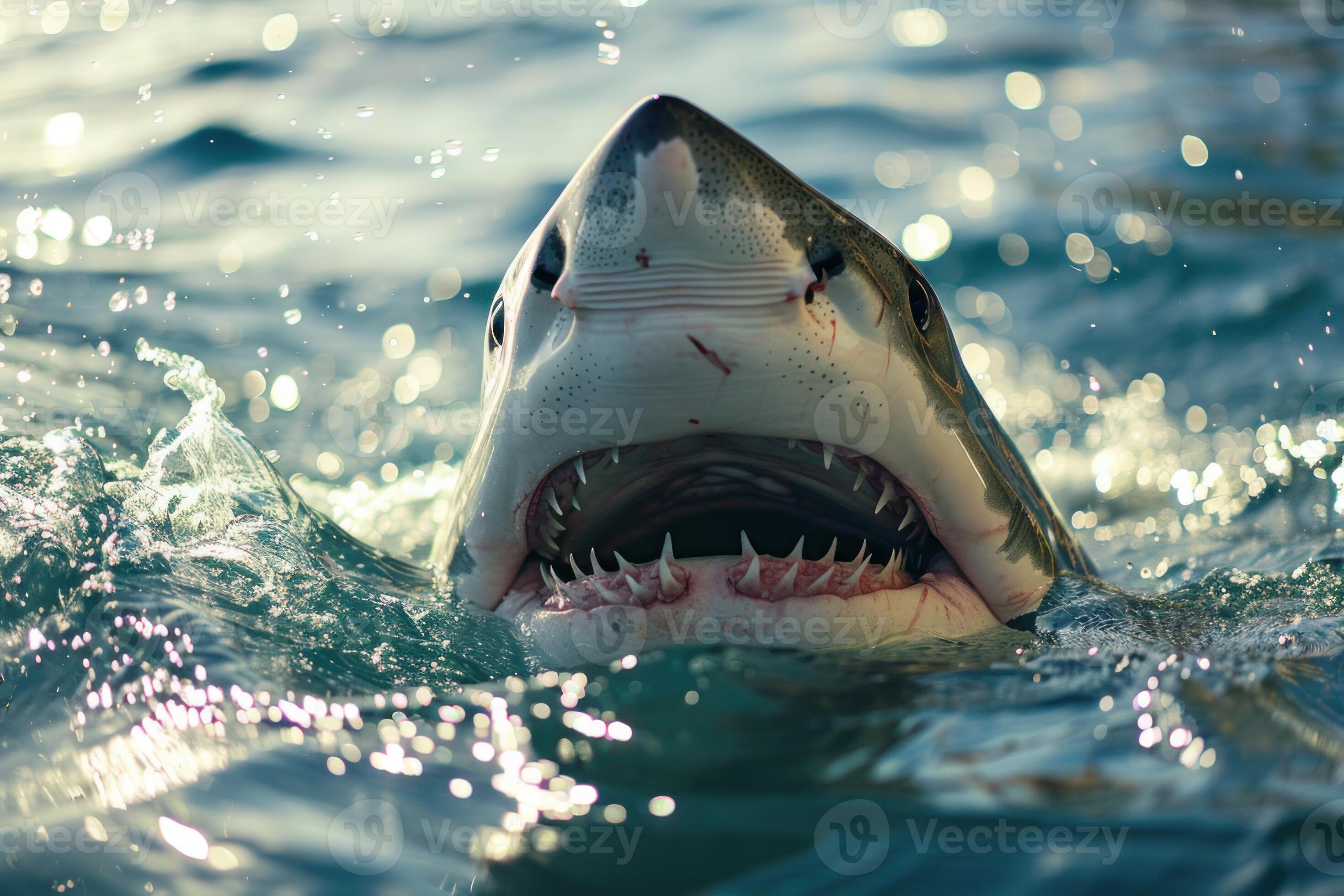 Great white shark opening its jaws while emerging from water 65306794 Stock Photo at Vecteezy
