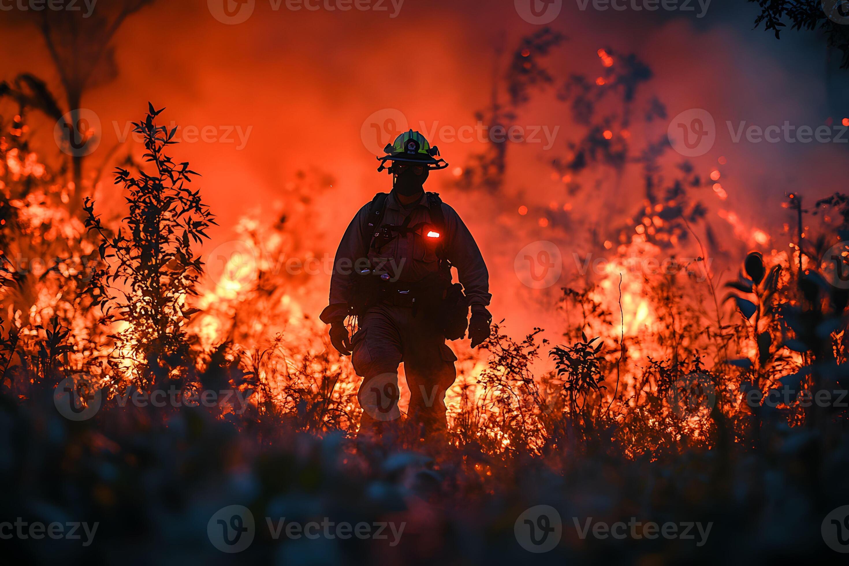 Brave Firefighter Battling Intense Forest Blaze at Sunset - Emergency ...