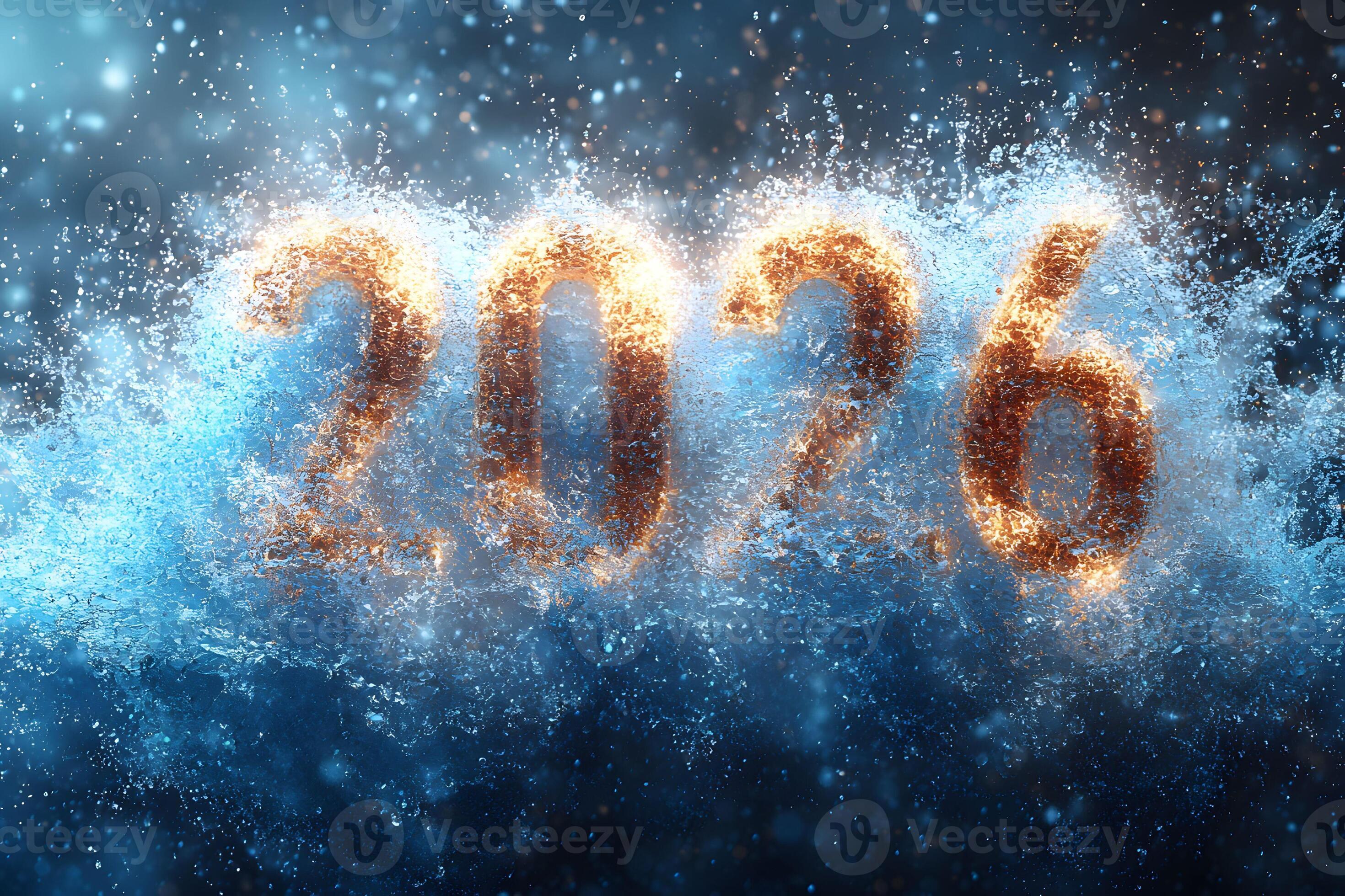2026 New Year Celebration Theme Sparkling Golden Numbers with Blue Bokeh Water Splash Design ...