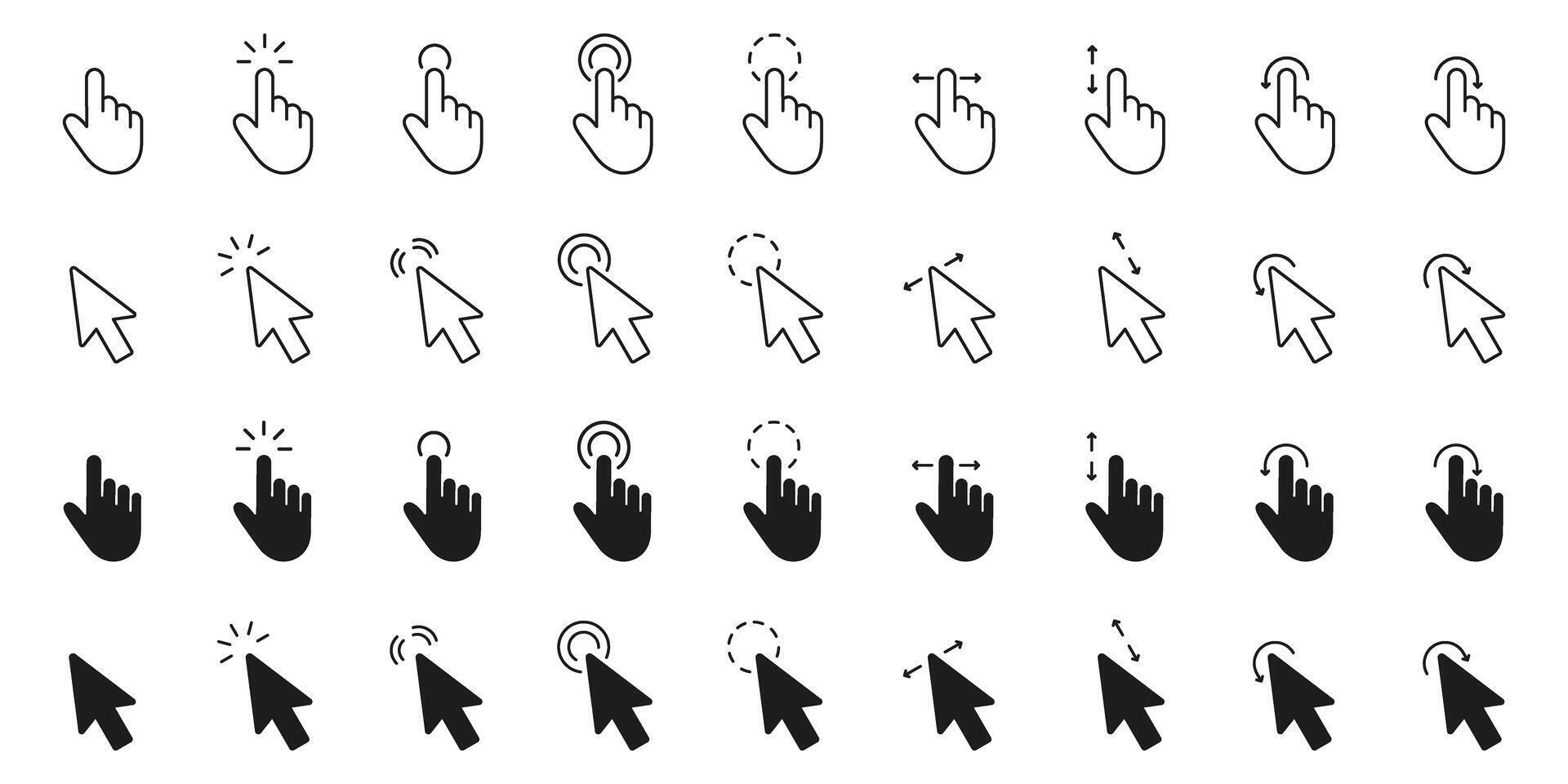 Hand Gesture Click And Cursor Icons Line And Solid Icon Set Pointer And Tap Symbol Collection