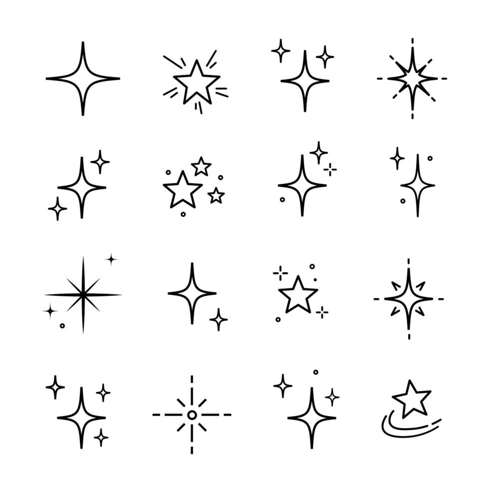 Line star glitter shine of doodle set. Star shine glow, spark glitter, sparkle light ...