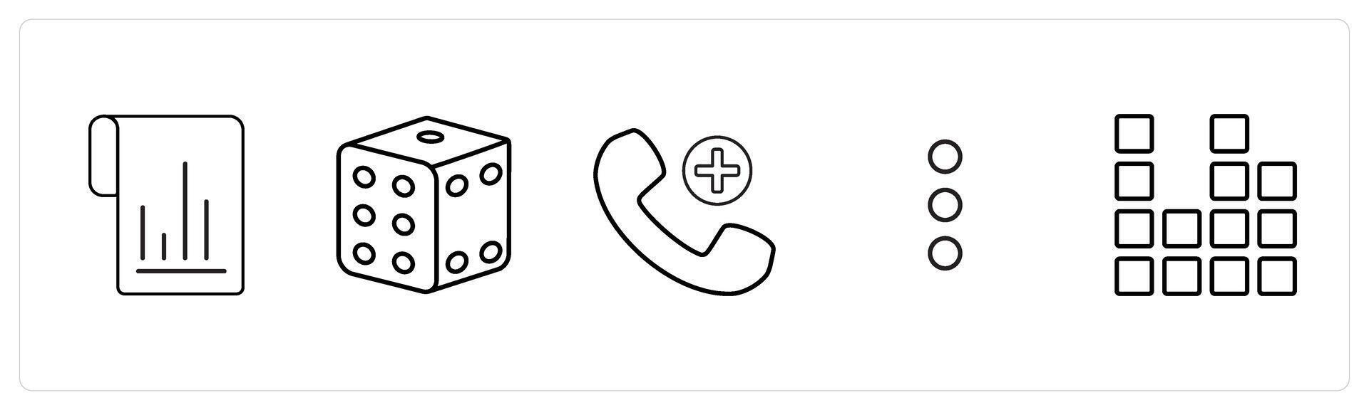 A set of 5 mix icons as flow chart, dice, add call in black line color ...