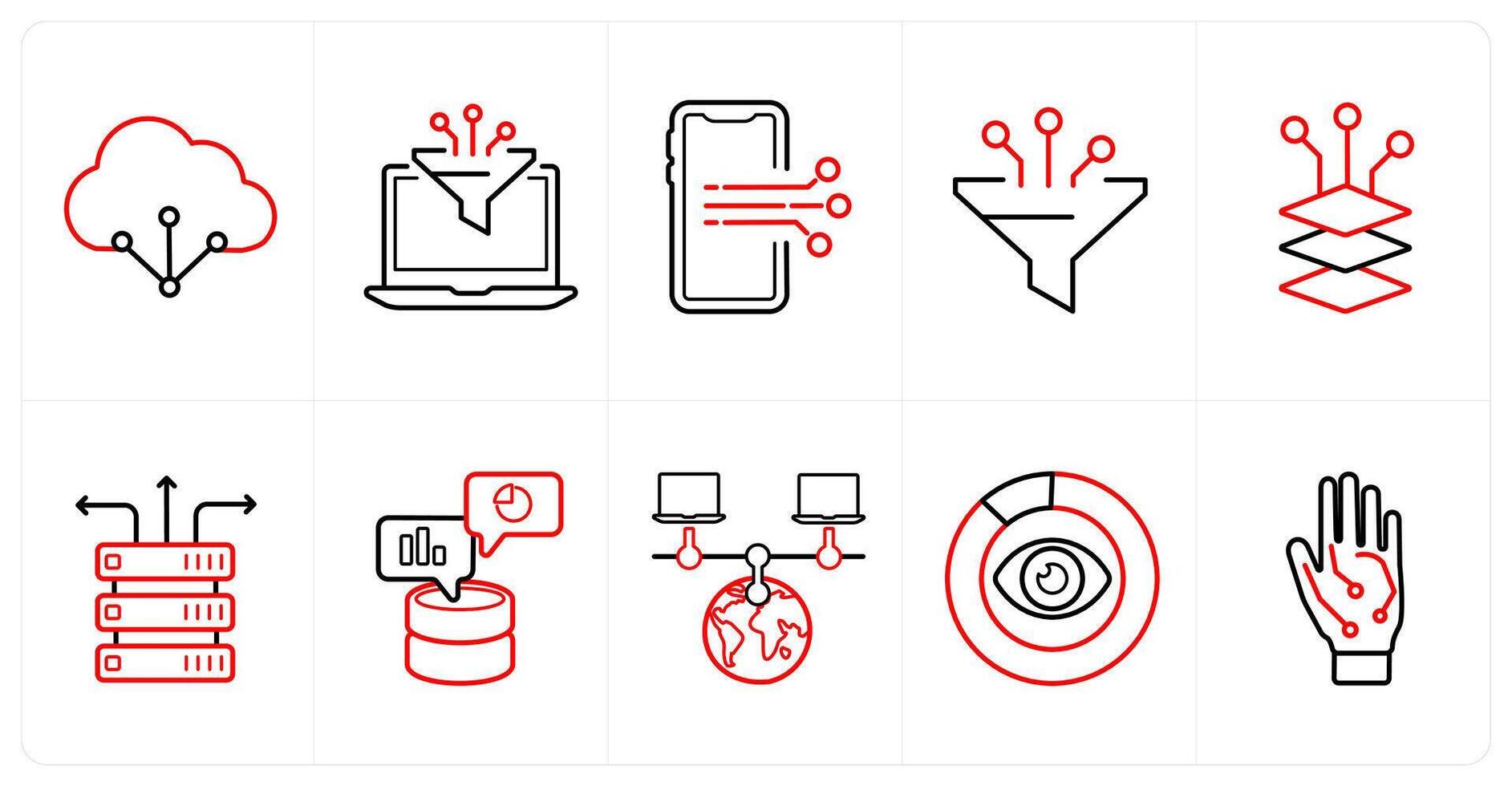 A set of 10 Big Data icons as cloud connectivity, filter, mobile technology in red line color ...