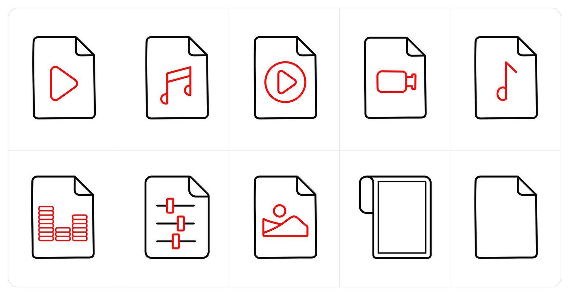 A set of 10 File icons as , music file, content in red line color 65402701 Vector Art at Vecteezy