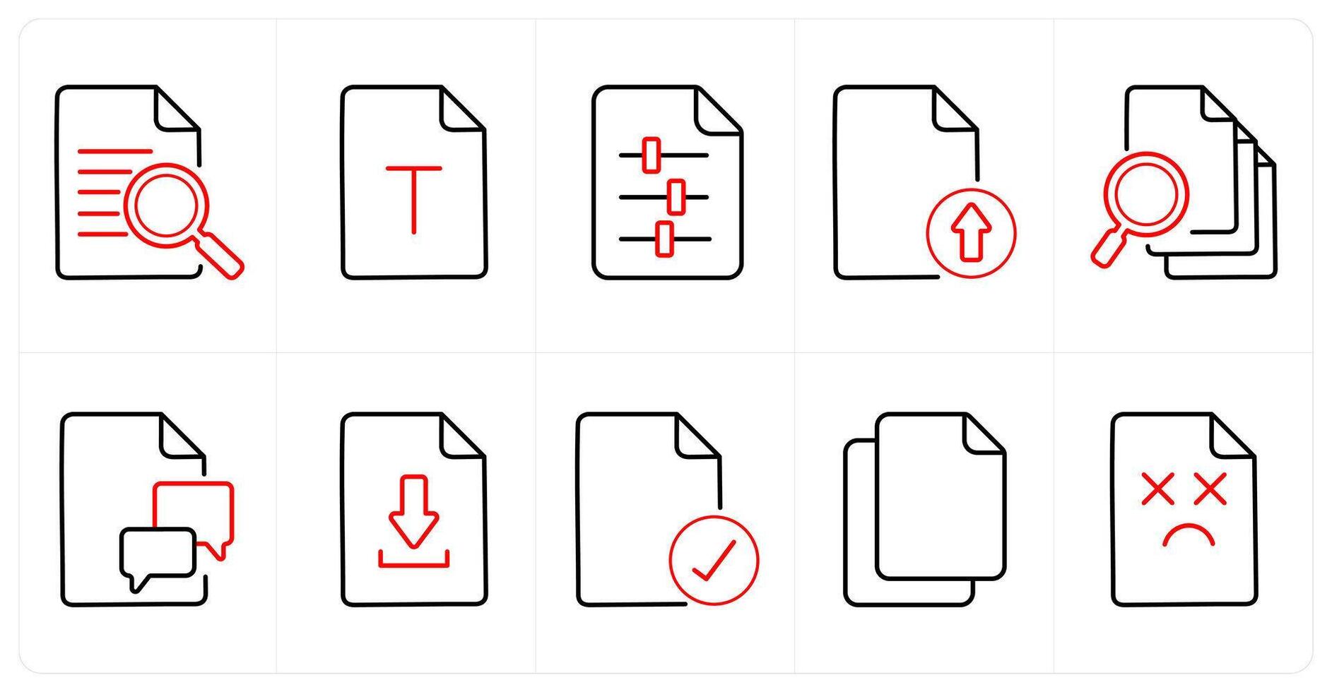 A set of 10 File icons as data search, document file, configuration in red line color 65402715 ...