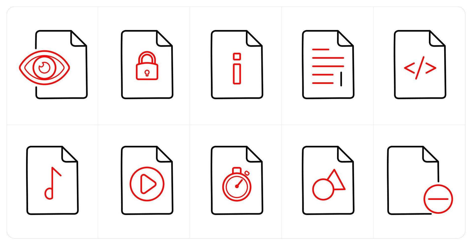 A set of 10 File icons as view document, security, information in red line color 65402718 Vector ...