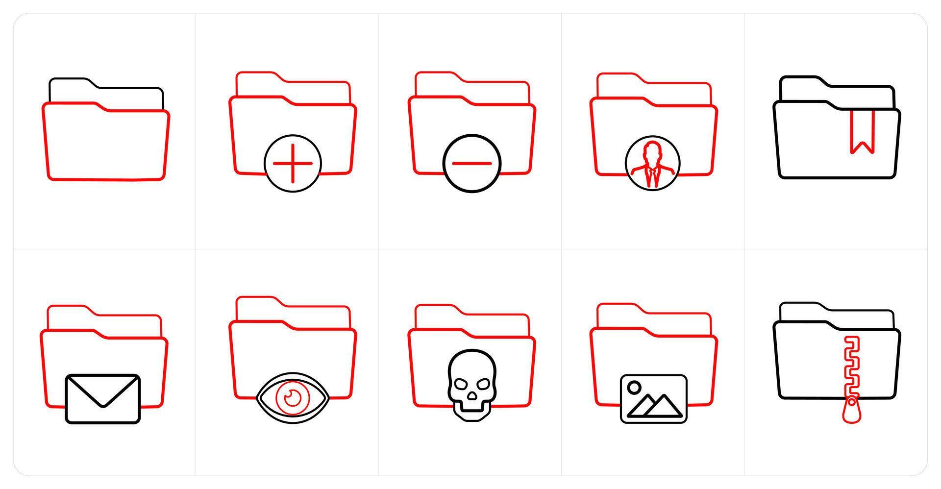 A set of 10 Folder icons as folder, add folder, minus folder in red line color 65402769 Vector ...