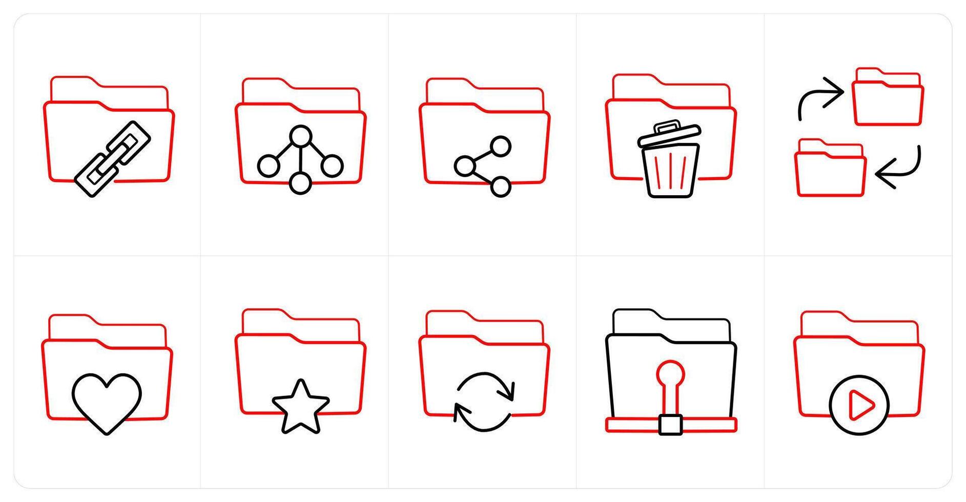 A set of 10 Folder icons as link folder, share folder, trash folder in red line color 65402775 ...