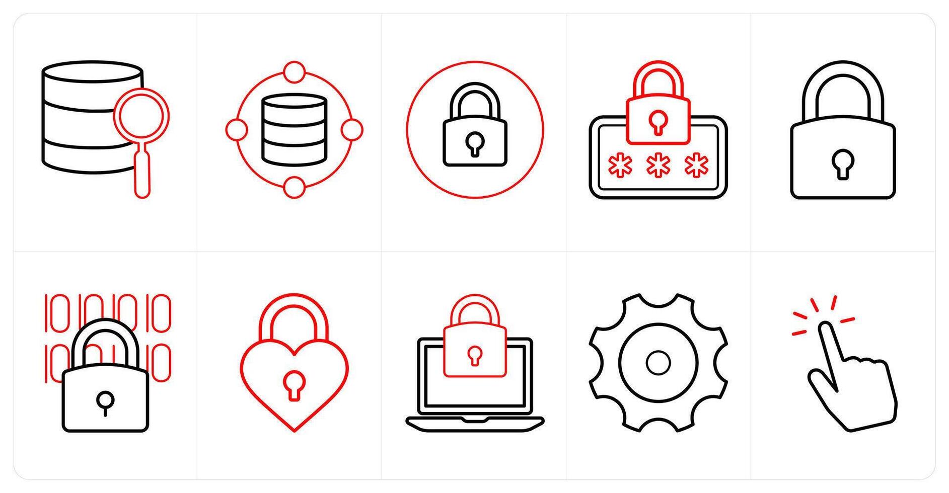 A Set Of 10 Mix Icons As Search Data Locked Security Password In Red
