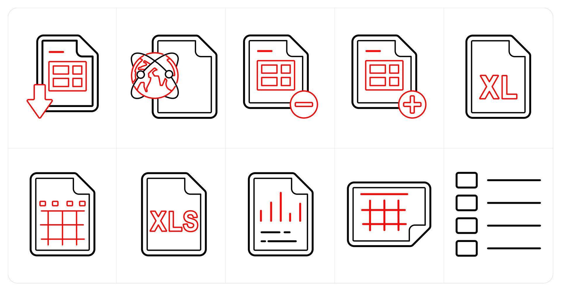 A set of 10 mix icons as download excel sheet, global sheet, remove sheet in red line color ...