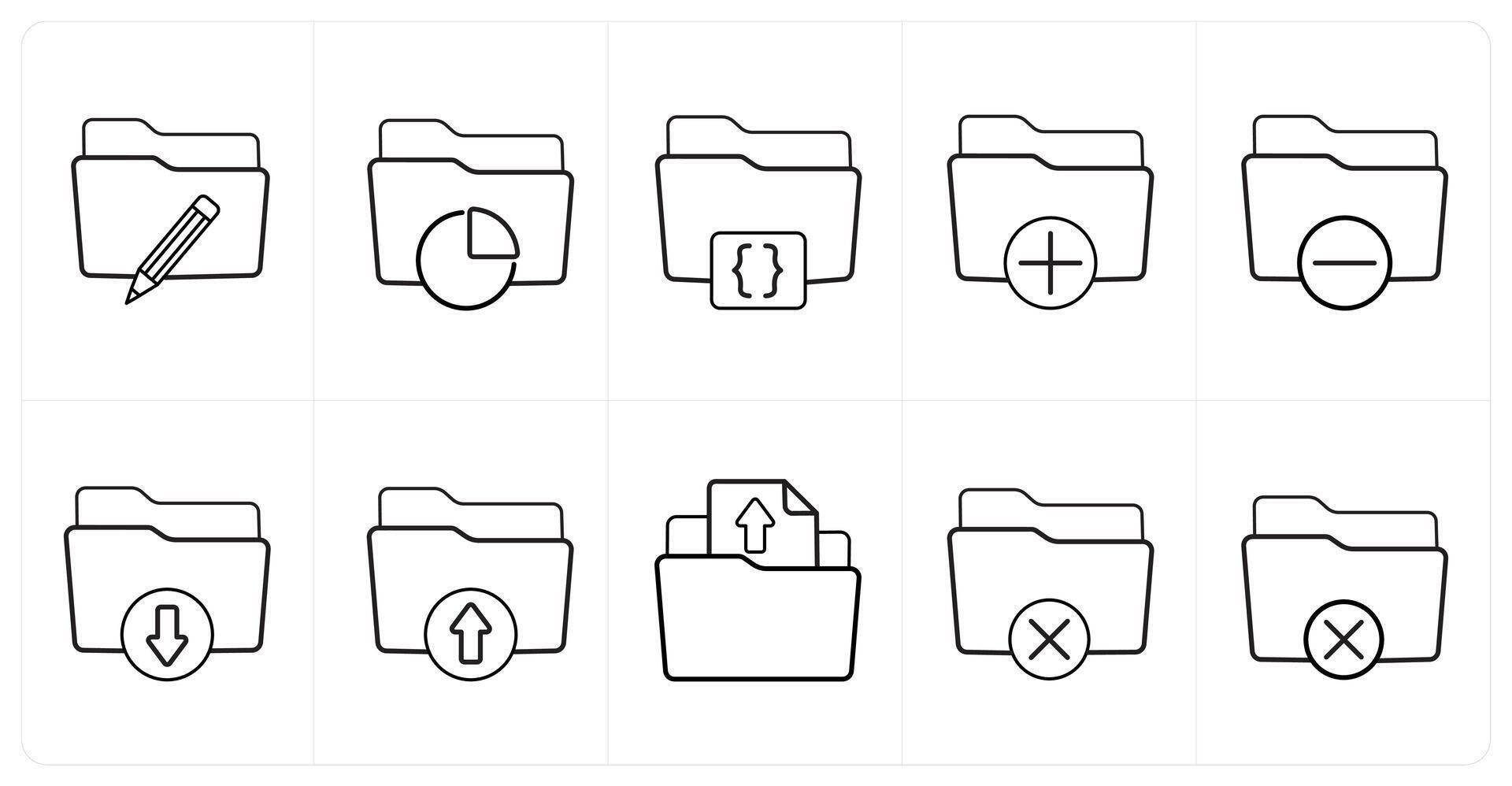 A Set Of 10 Folder Icons As Edit Folder Data Folder Folder Code In Black Line Color 65403397