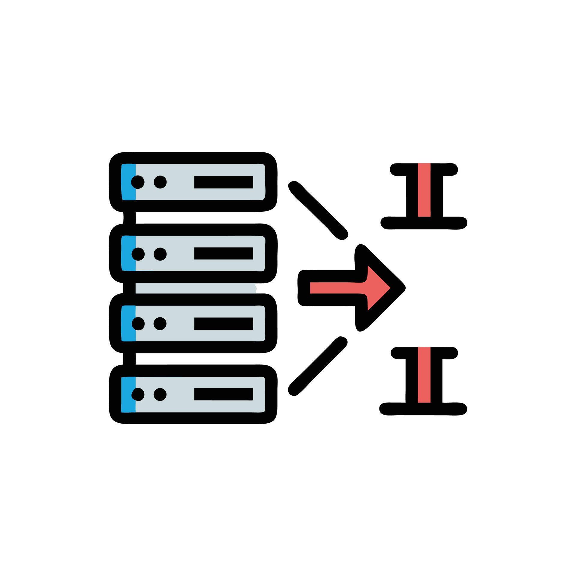 Data processing with server racks and directional arrows visualization ...