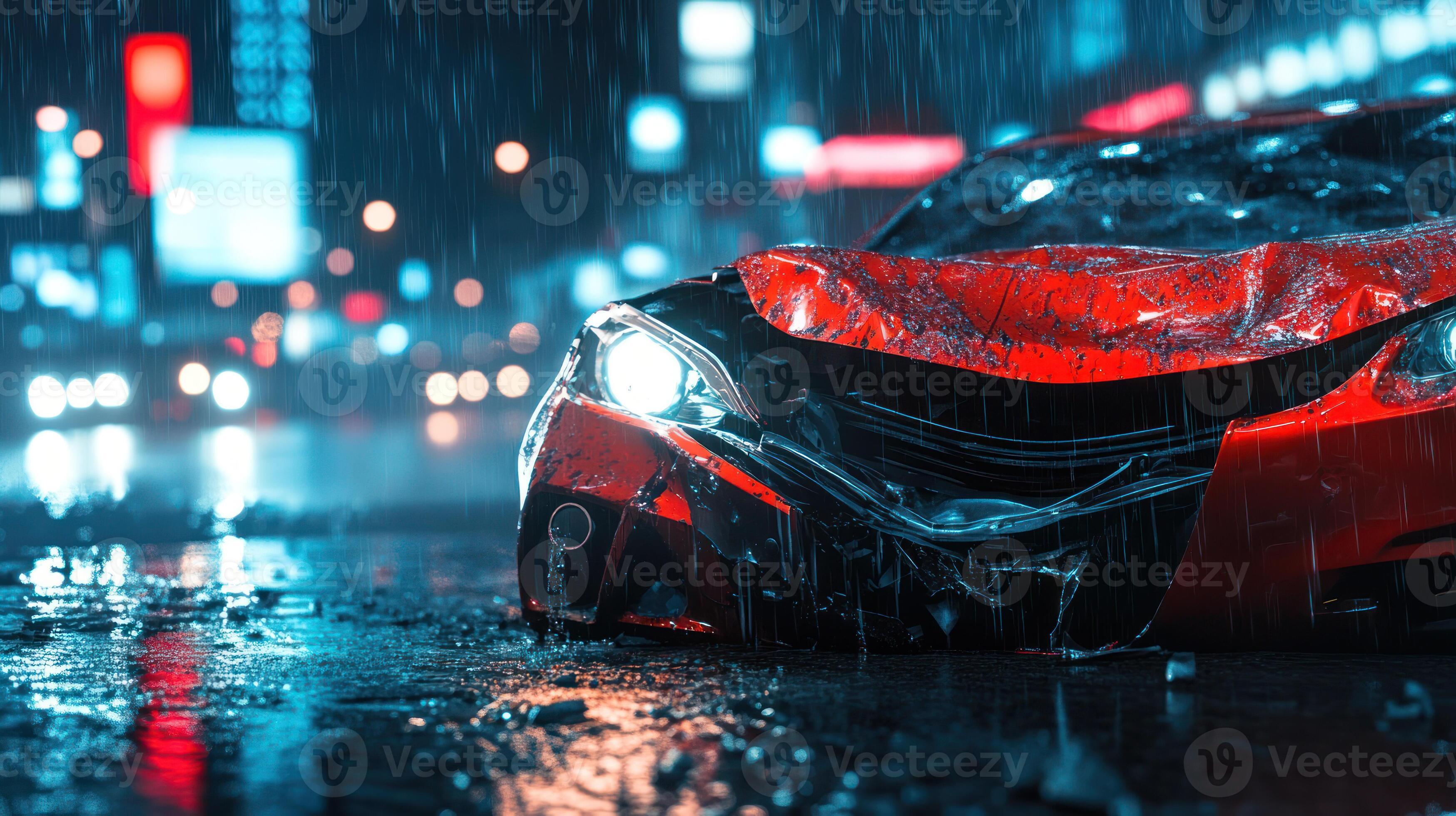 Wrecked front bumper under pouring rain with headlights flickering and steam rising from engine ...