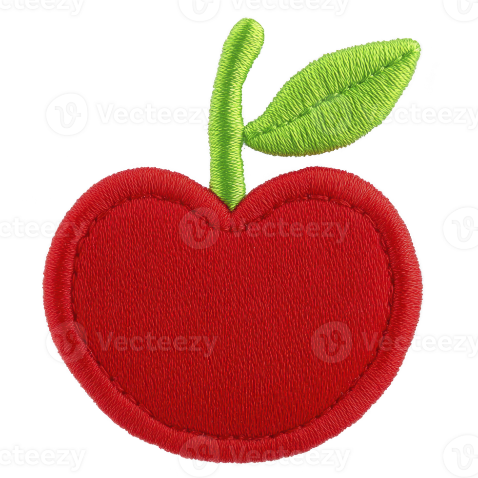 A vibrant red apple patch with green stem and leaf, showcasing detailed embroidery. design is ...