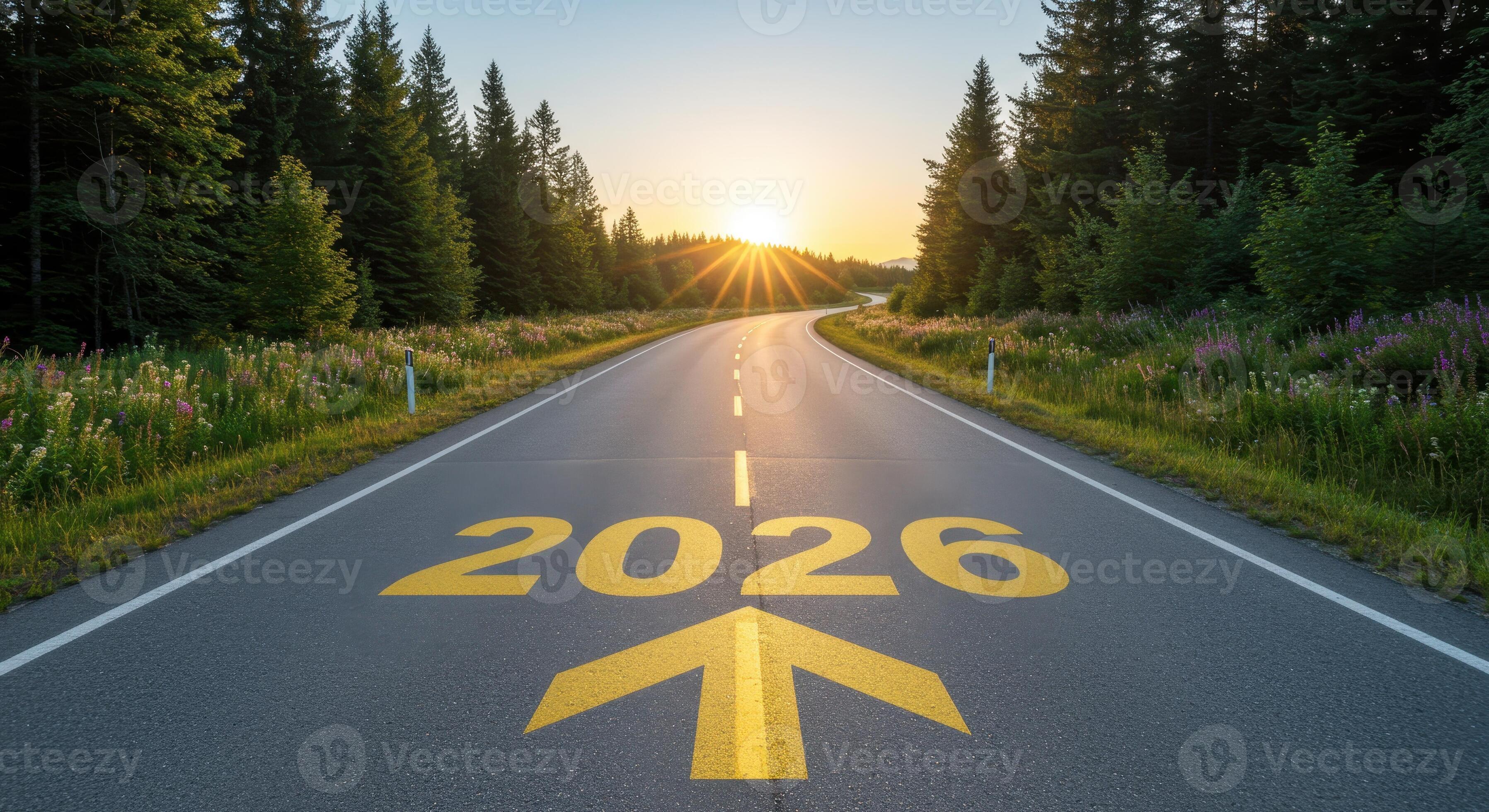 Road to 2026 with forward arrow and sun rising on the horizon. Concept for the new year and ...