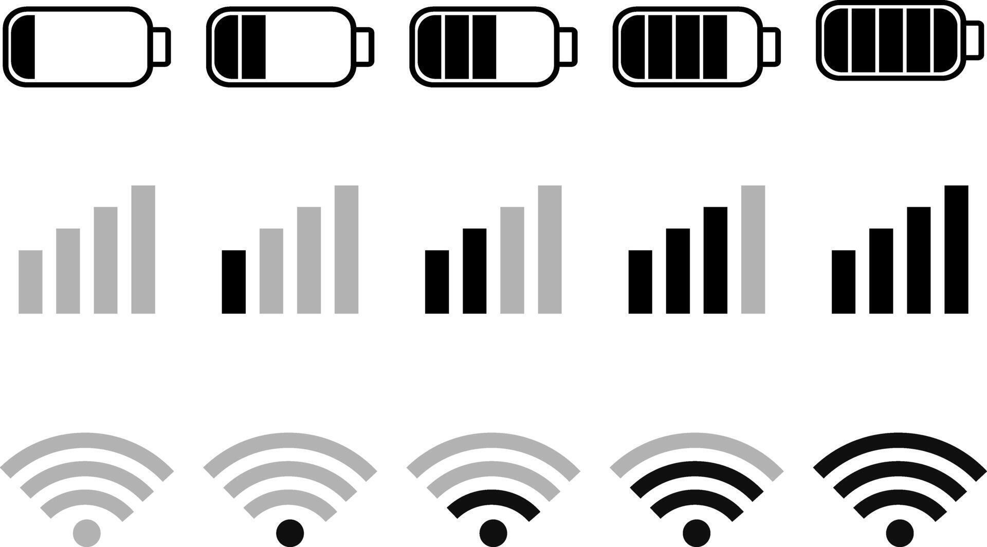 Mobile phone signal. Wifi battery icon. Status bar symbol. Battery indicator symbols. Energy ...
