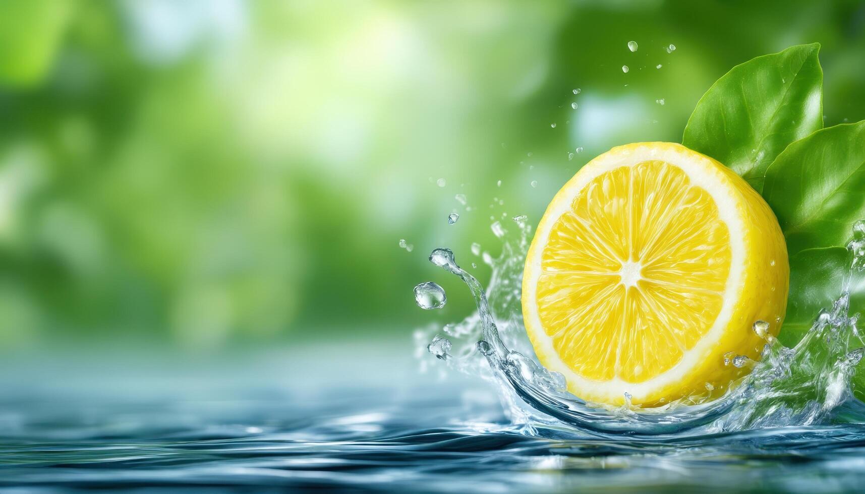 Lemon slice splashes into clear water pool nature scene refreshing environment vibrant viewpoint ...