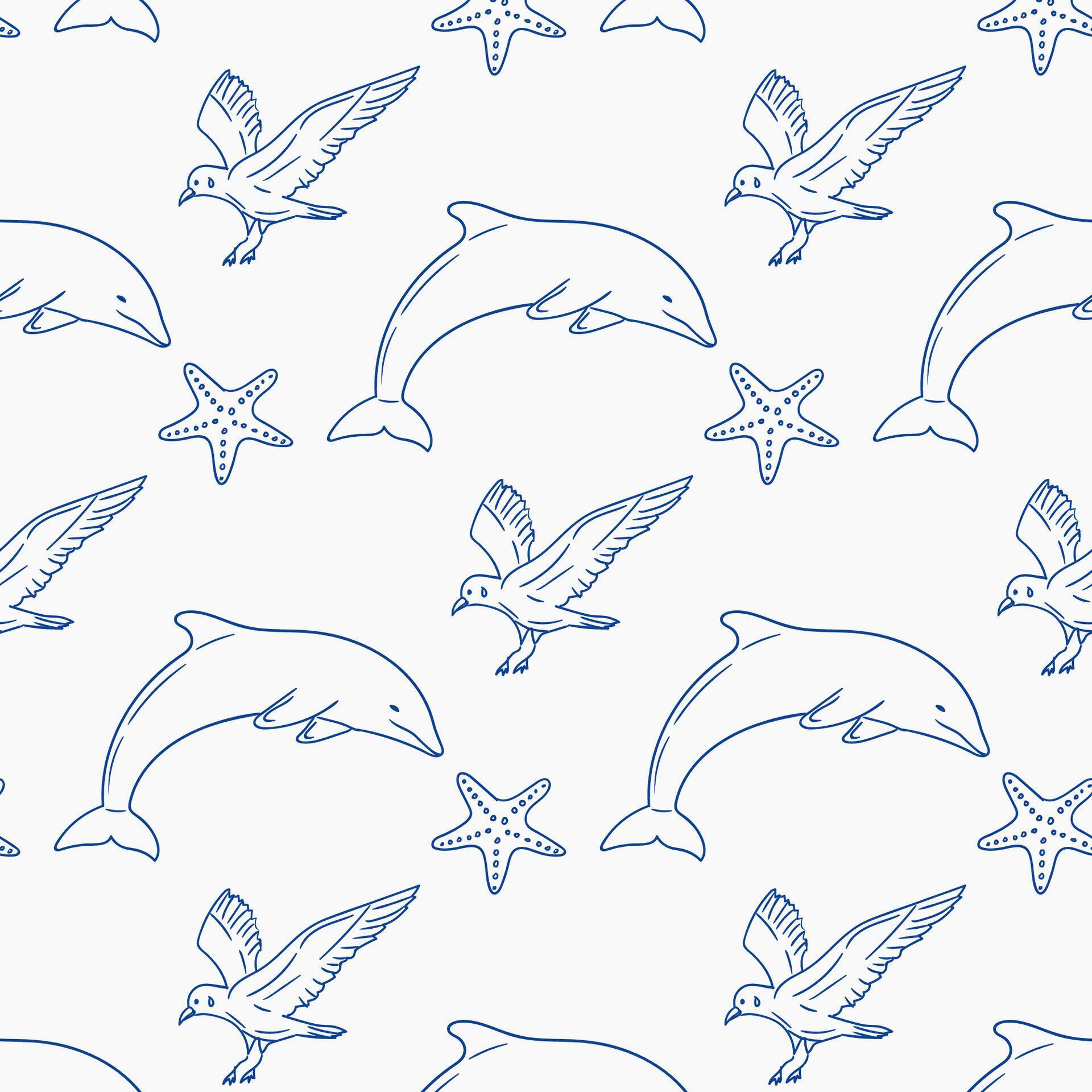 Ocean-themed pattern featuring dolphins, starfish, and seabirds in a ...