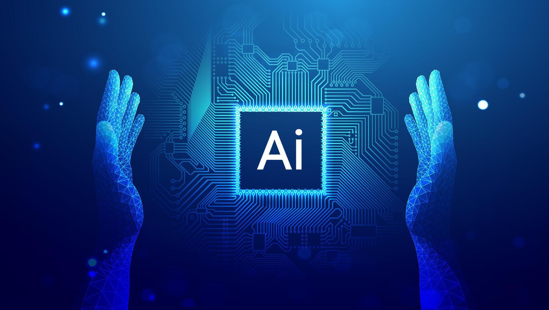 Futuristic digital ai hand holding AI microchip with circuit board ...