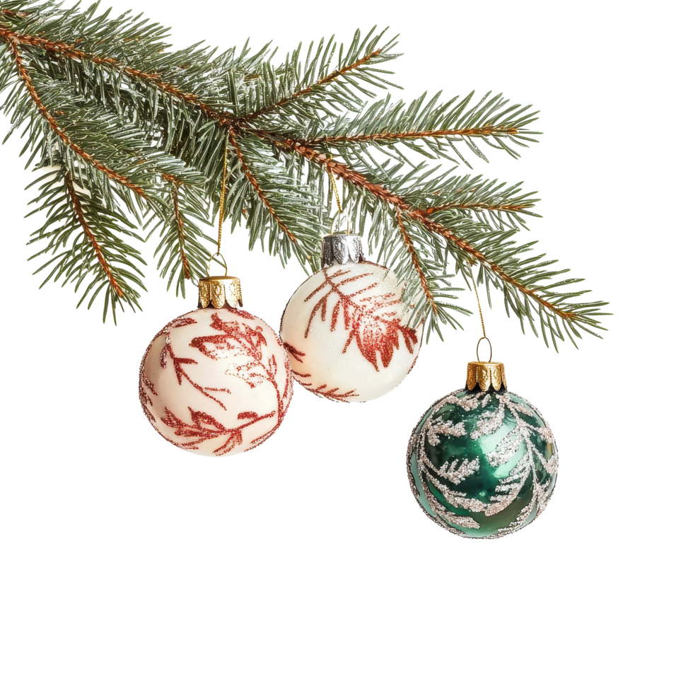 Decorative Christmas toys hang on a fir tree branch in a festive winter setting, Christmas toys ...