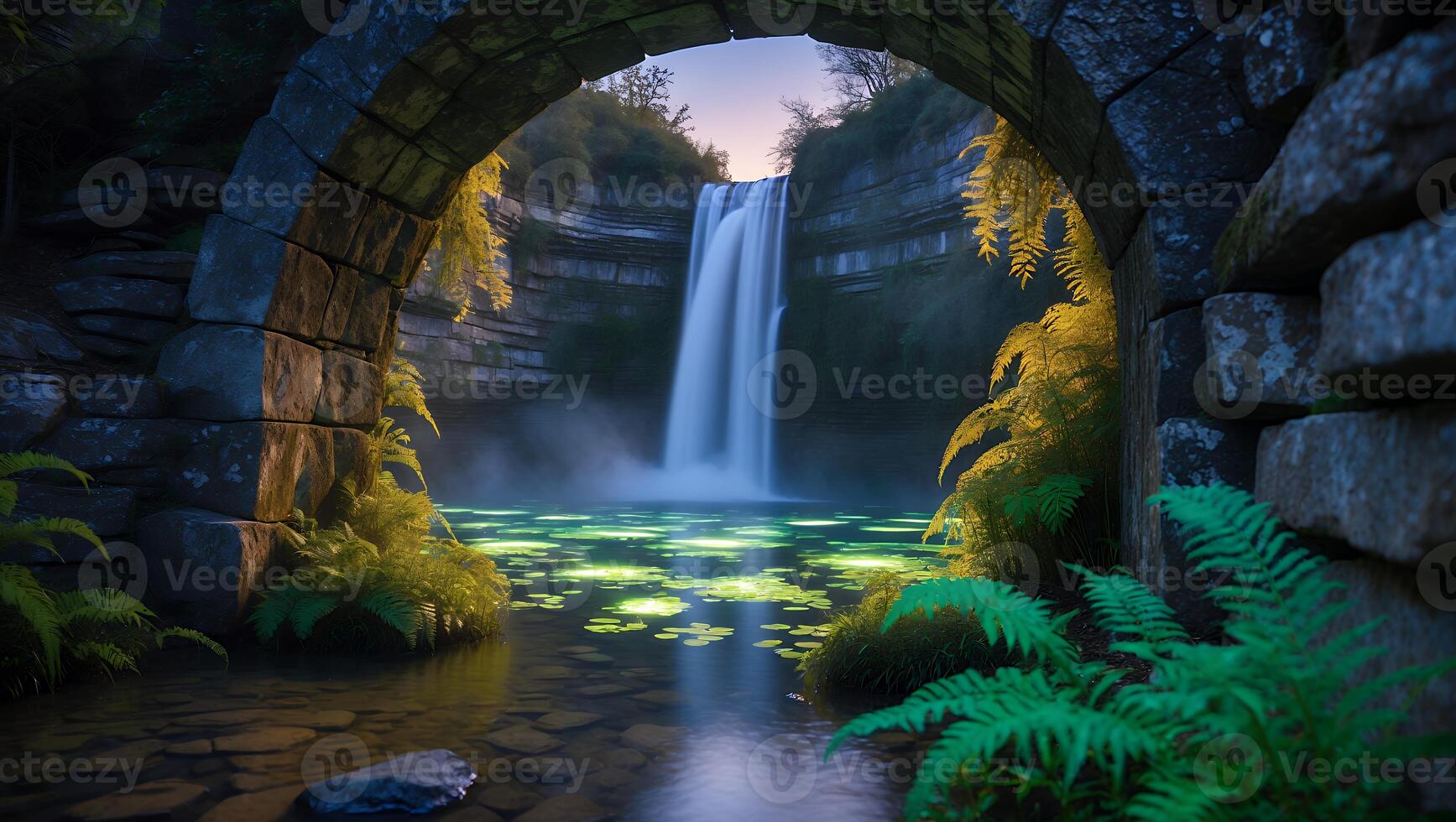 Waterfall Flows Through Stone Archway Into Still Pond Landscape View 65593437 Stock Photo at ...