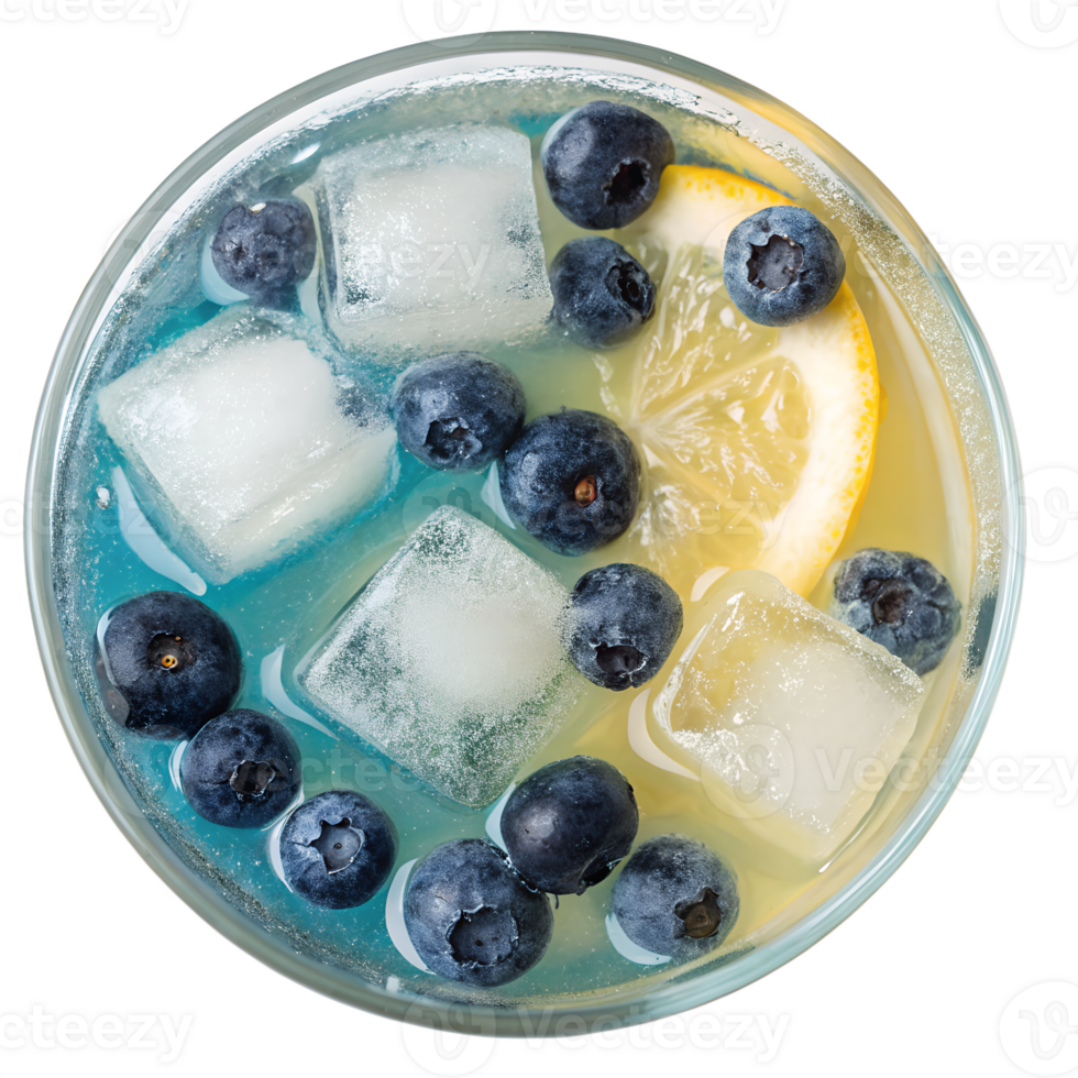 Refreshing blueberry and lemon lemonade with ice cubes, view from the top, natural beverage ...