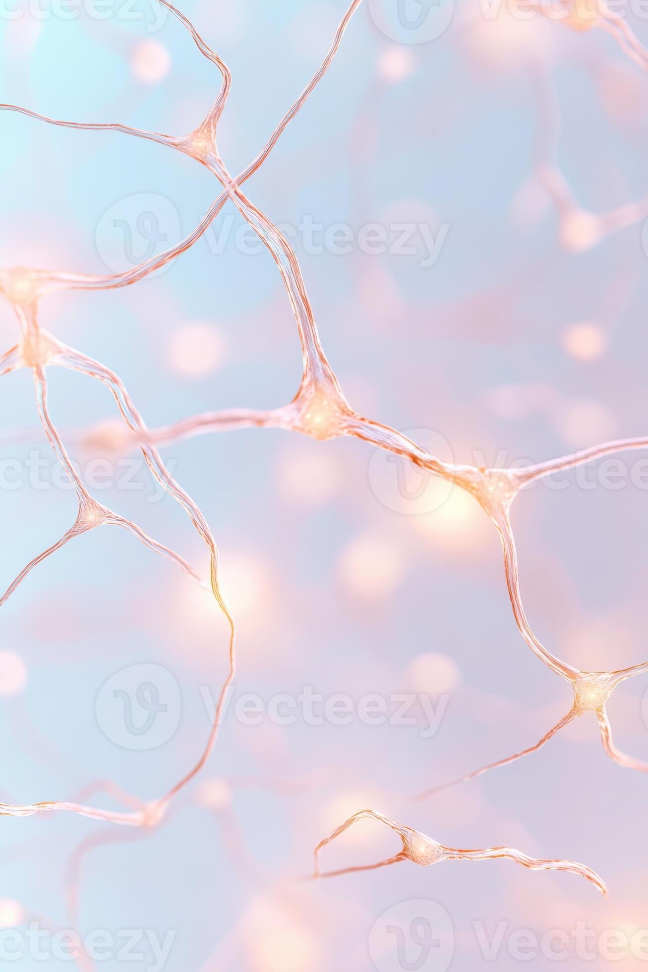 Interconnected network nodes transmit data signals on soft light blue backdrop. Digital neural ...