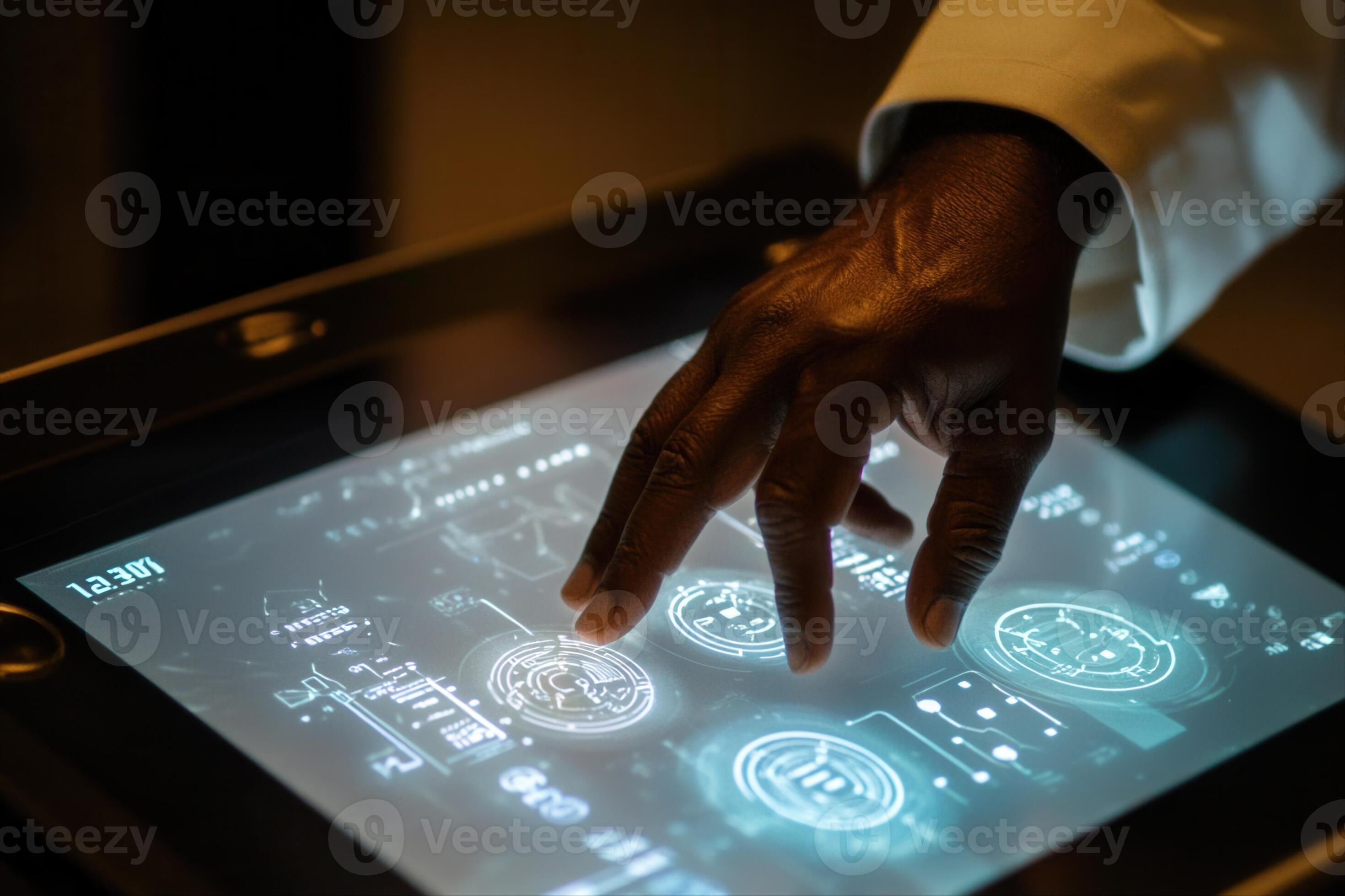 A close-up of a hand interacting with a futuristic touchscreen displaying data and graphics ...