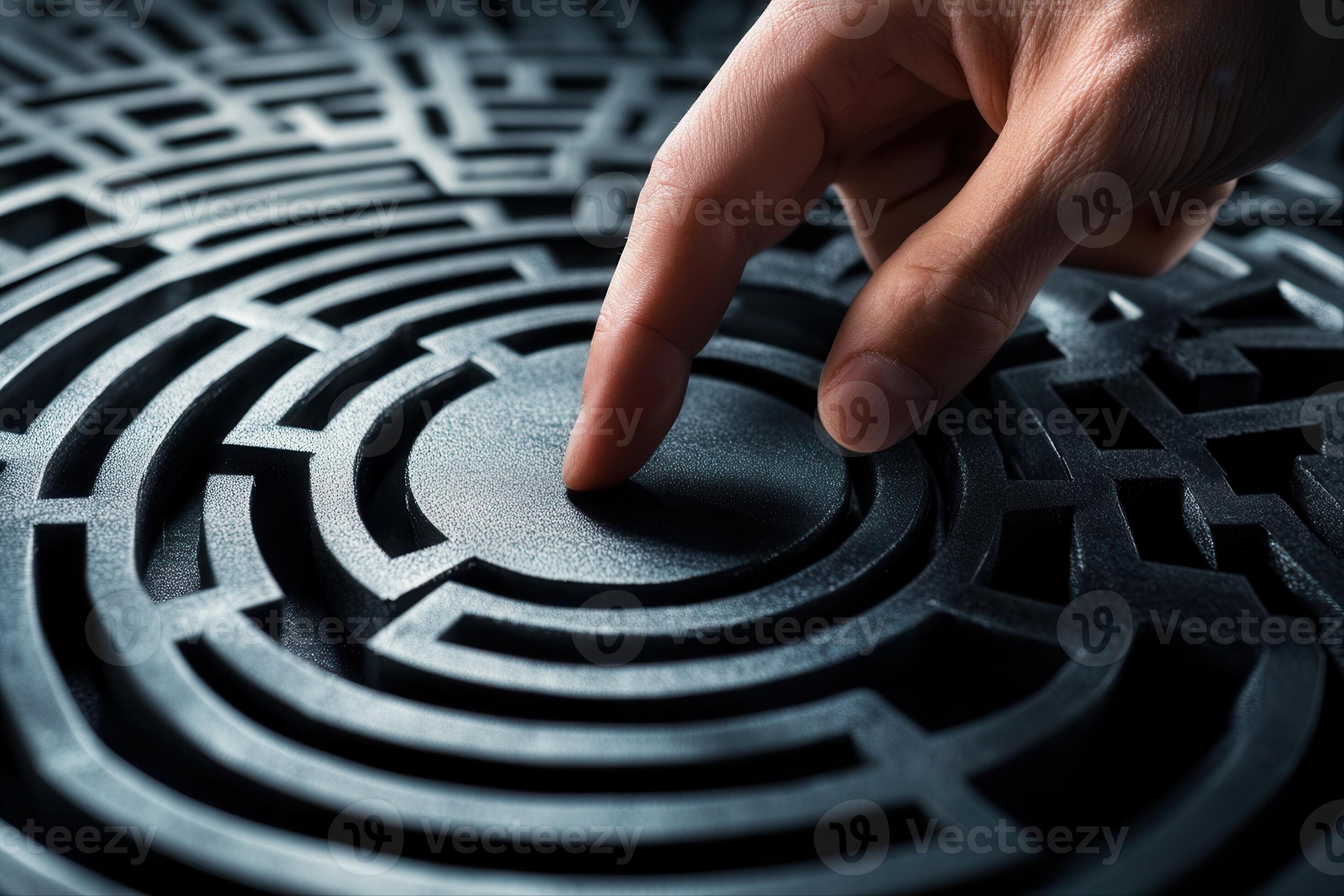 A hand navigating a complex black maze pattern, symbolizing problem-solving and strategy ...