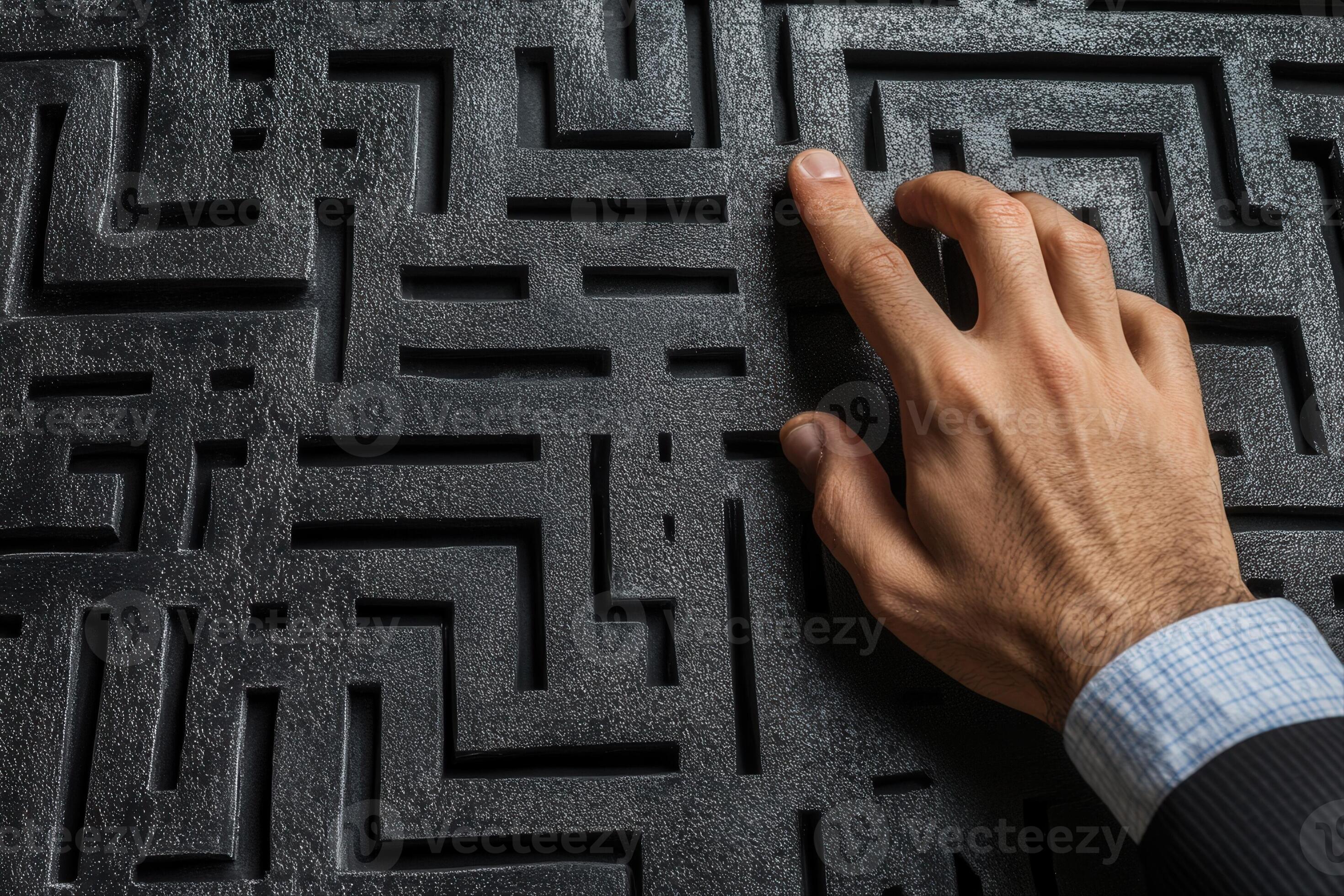 A hand navigating through a complex black maze pattern, symbolizing problem-solving in design ...
