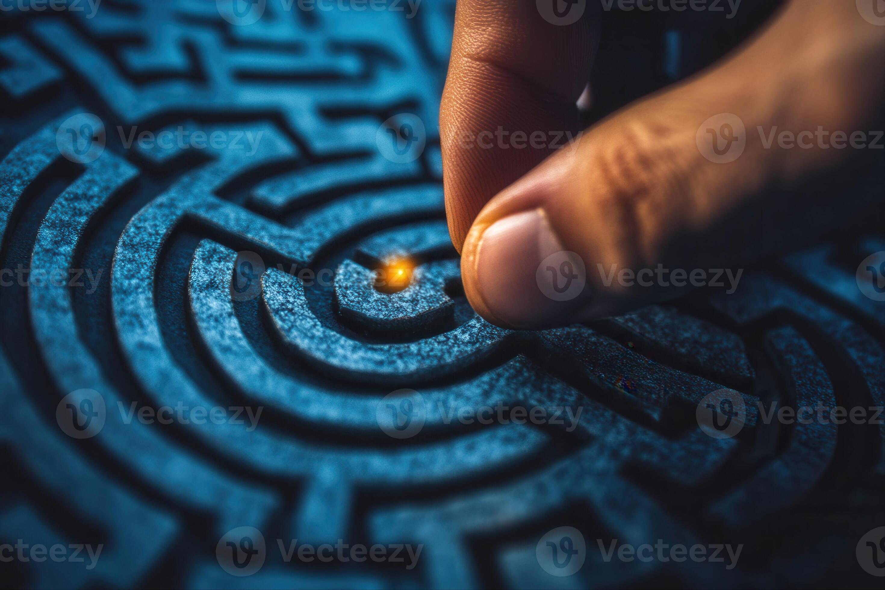 A hand navigating a complex maze with a glowing orb, symbolizing problem-solving and focus ...