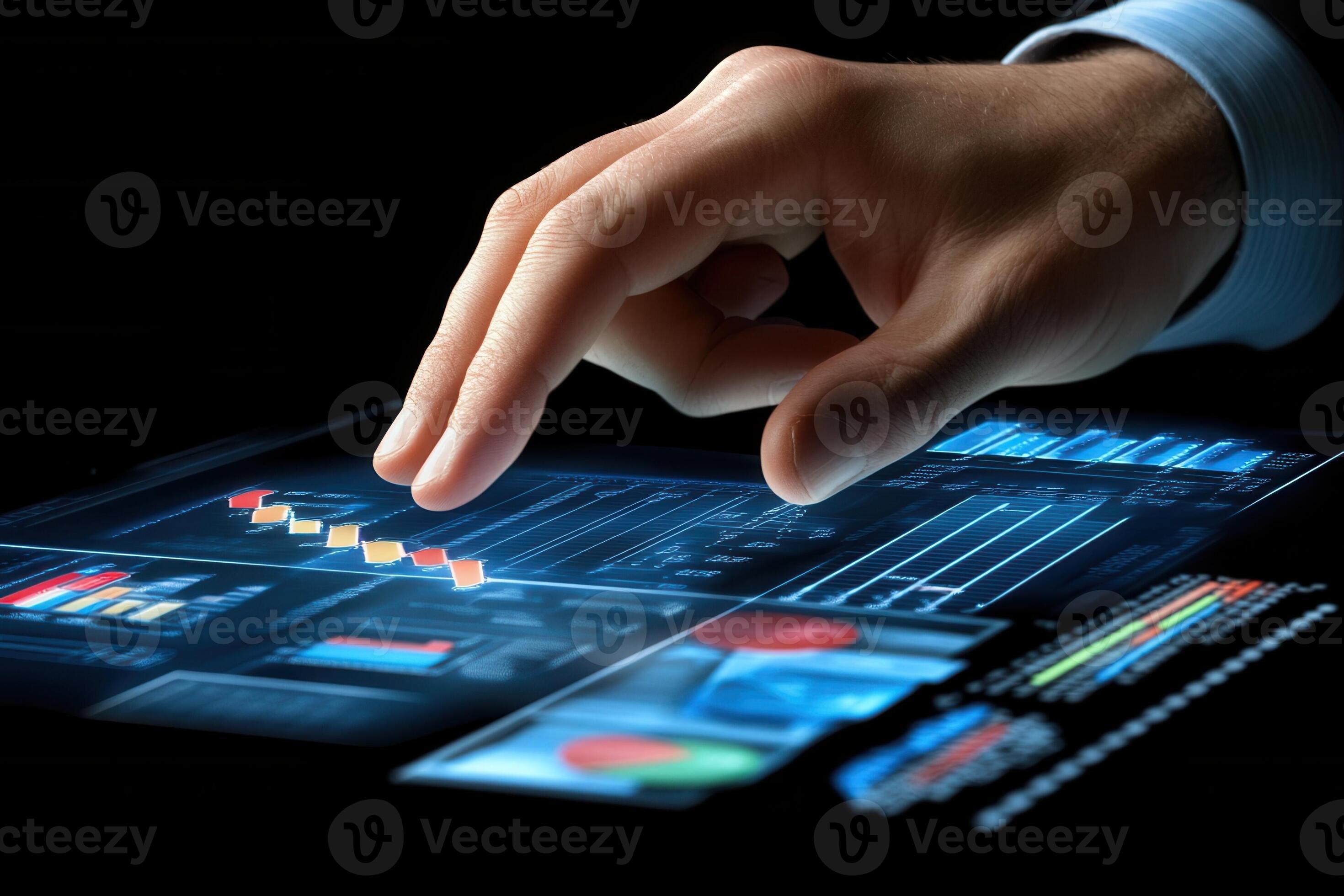 Hand interacting with a futuristic touchscreen displaying data analytics in a dark environment ...