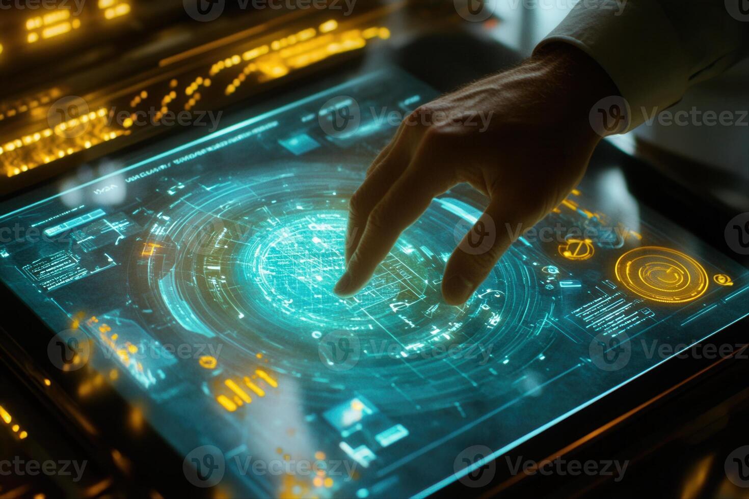 Futuristic interface interaction with a hand on a glowing touchscreen in a tech environment ...