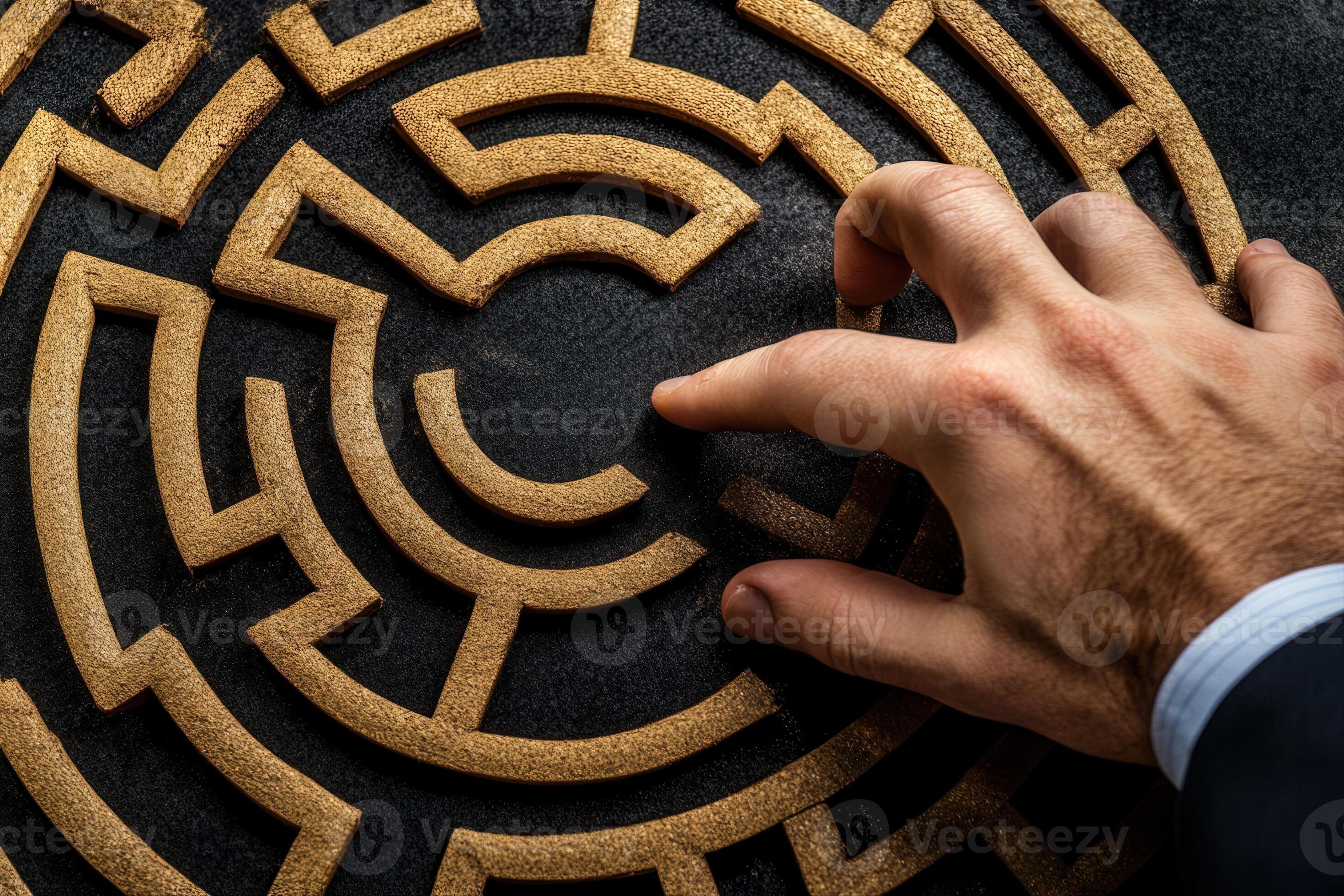 Hand navigating a complex maze, symbolizing problem-solving and decision-making challenges ...