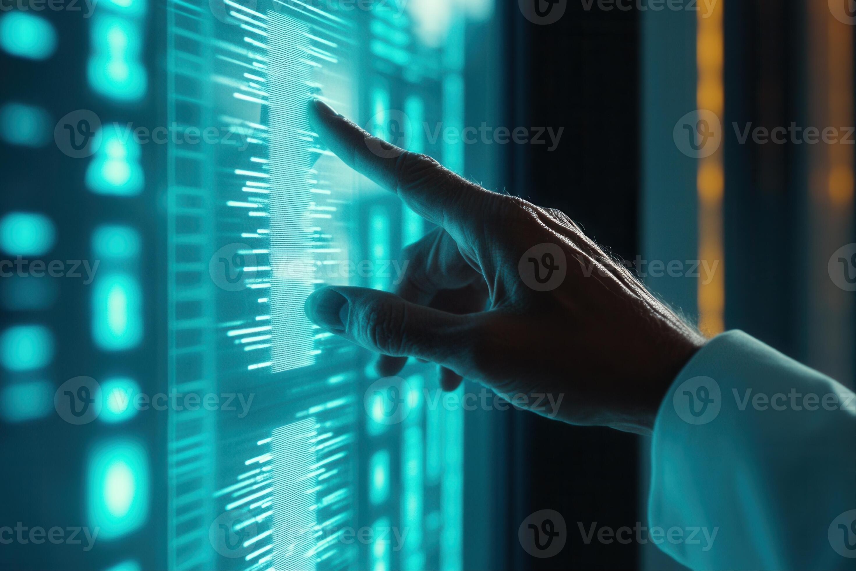 Scientist interacting with futuristic touchscreen interface in a high-tech laboratory setting ...