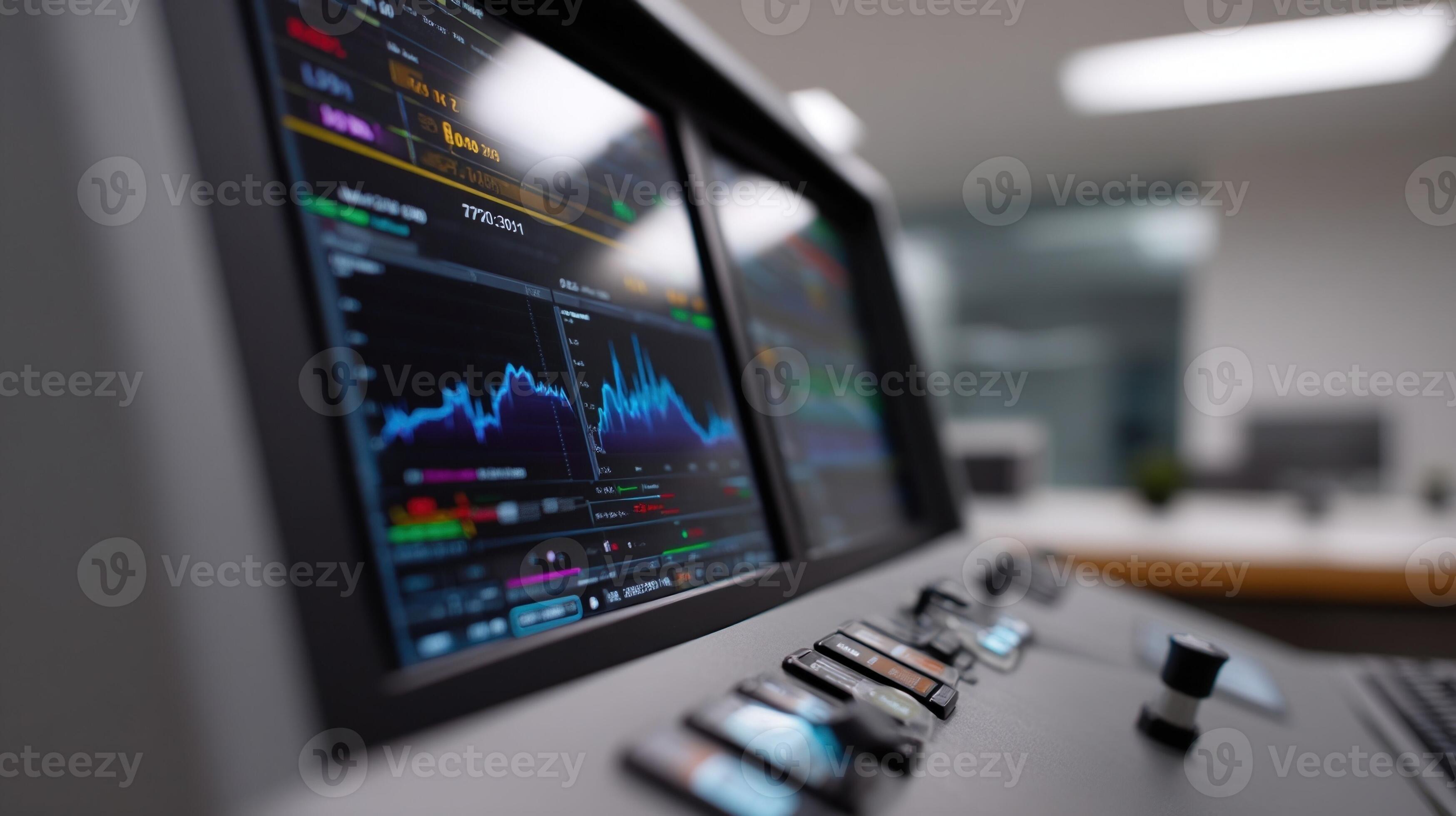 A closeup of a control panel inside an AGI management hub showcasing intricate graphs and ...