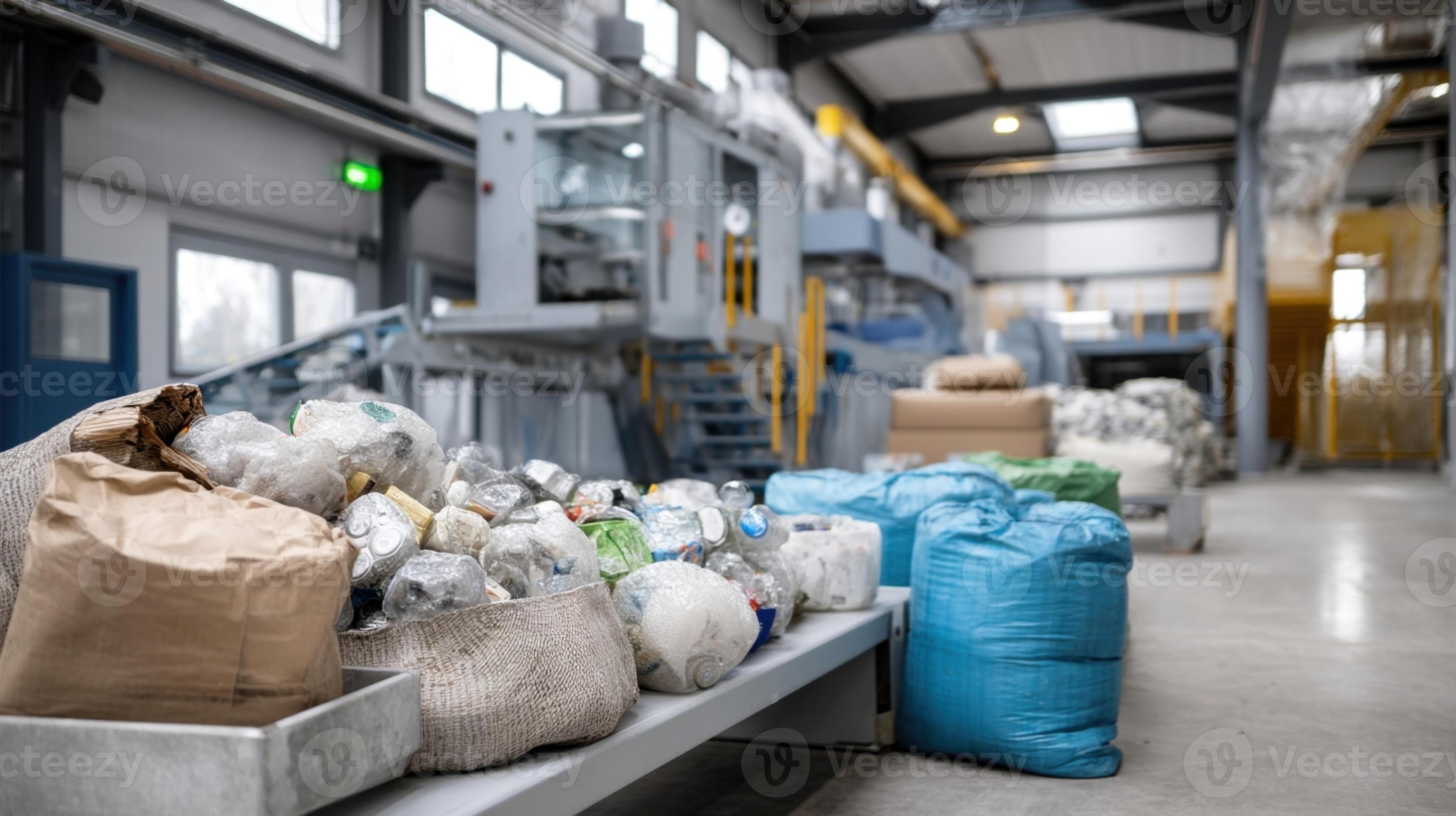 A side view of a robotic sorting workstation surrounded by piles of mixed recyclables showcasing ...