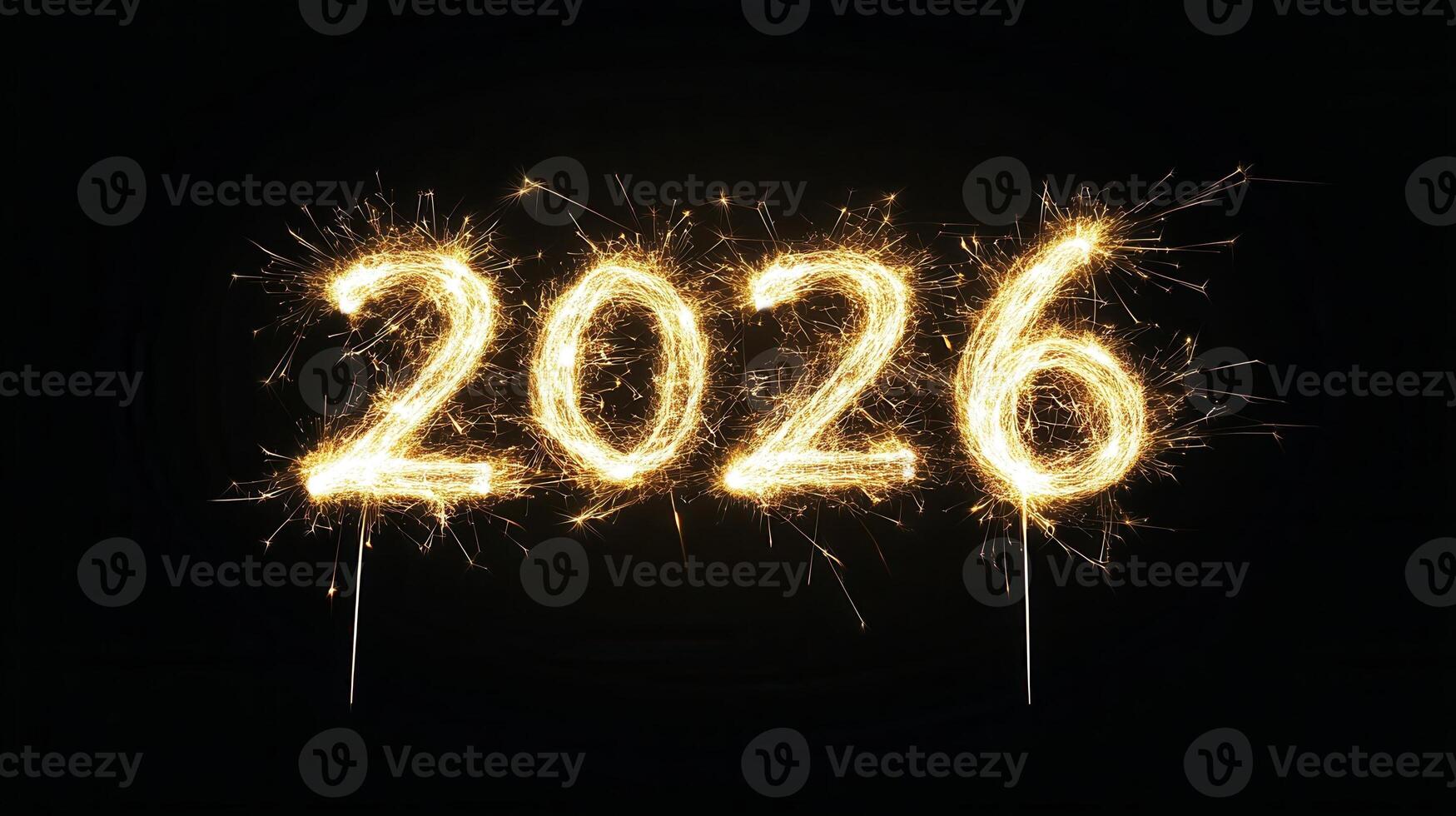 Light painting forming on number 2026 with bright the sparklers a black background, celebrating ...